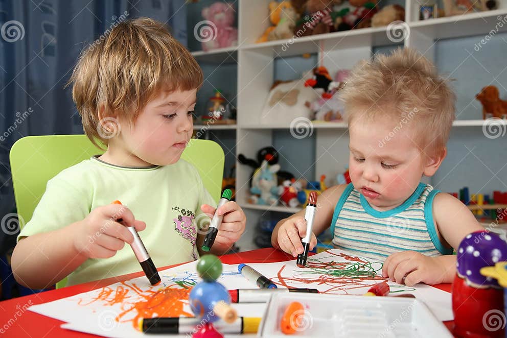 Two children painting stock photo. Image of little, education - 4034960