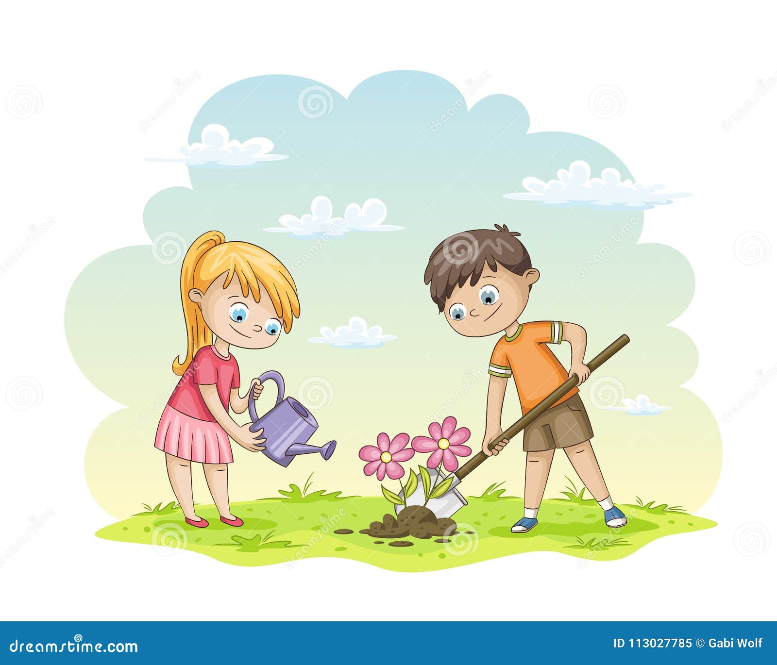Two Children are Planting Flowers Stock Vector - Illustration of girl ...
