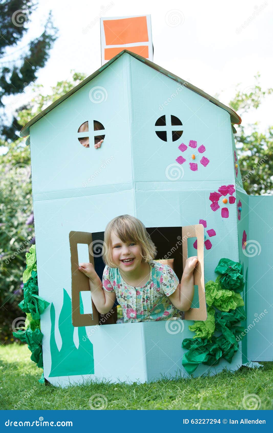 Two Children Playing in Home Made Cardboard House Stock Photo - Image ...