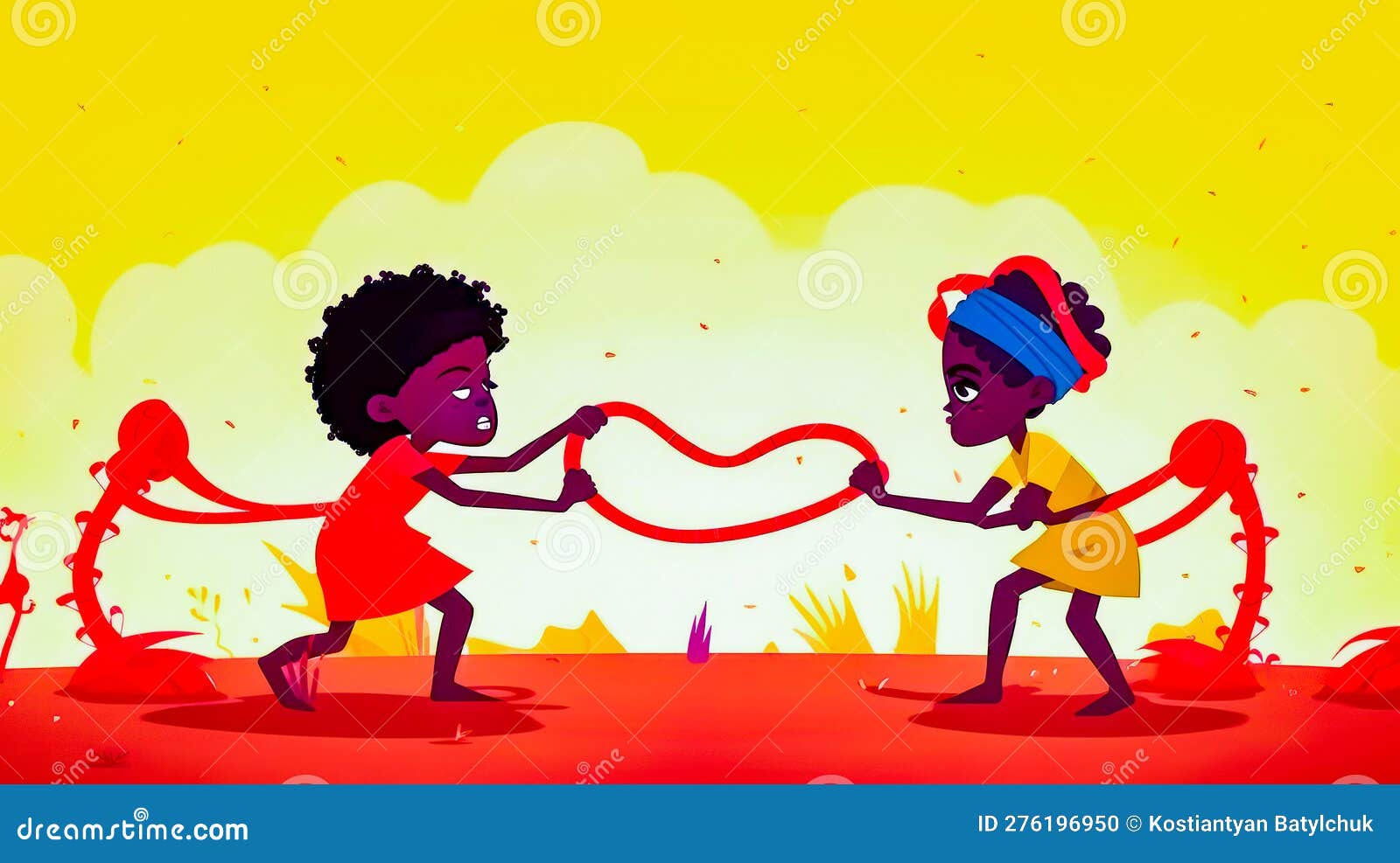 Two Children Playing Tug of War with Each Other in Front of Yellow Sky ...