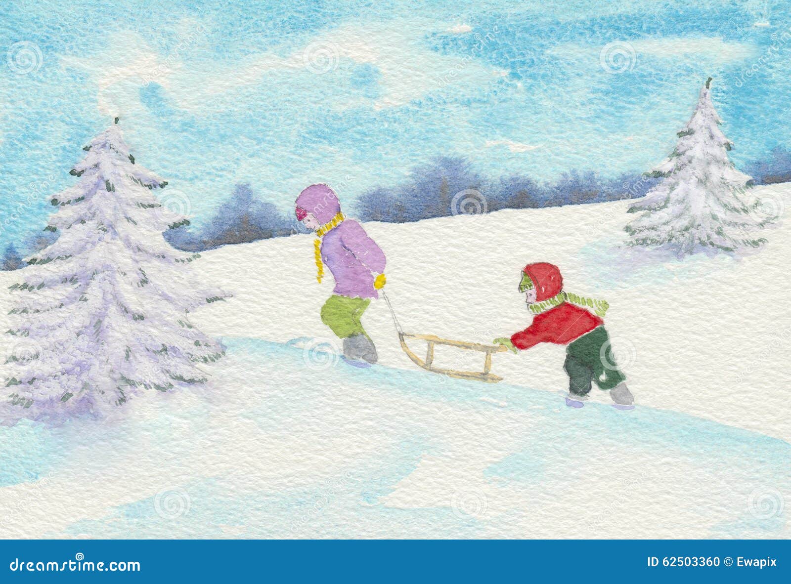 Two Children Pulling Sledge. Stock Illustration | CartoonDealer.com ...