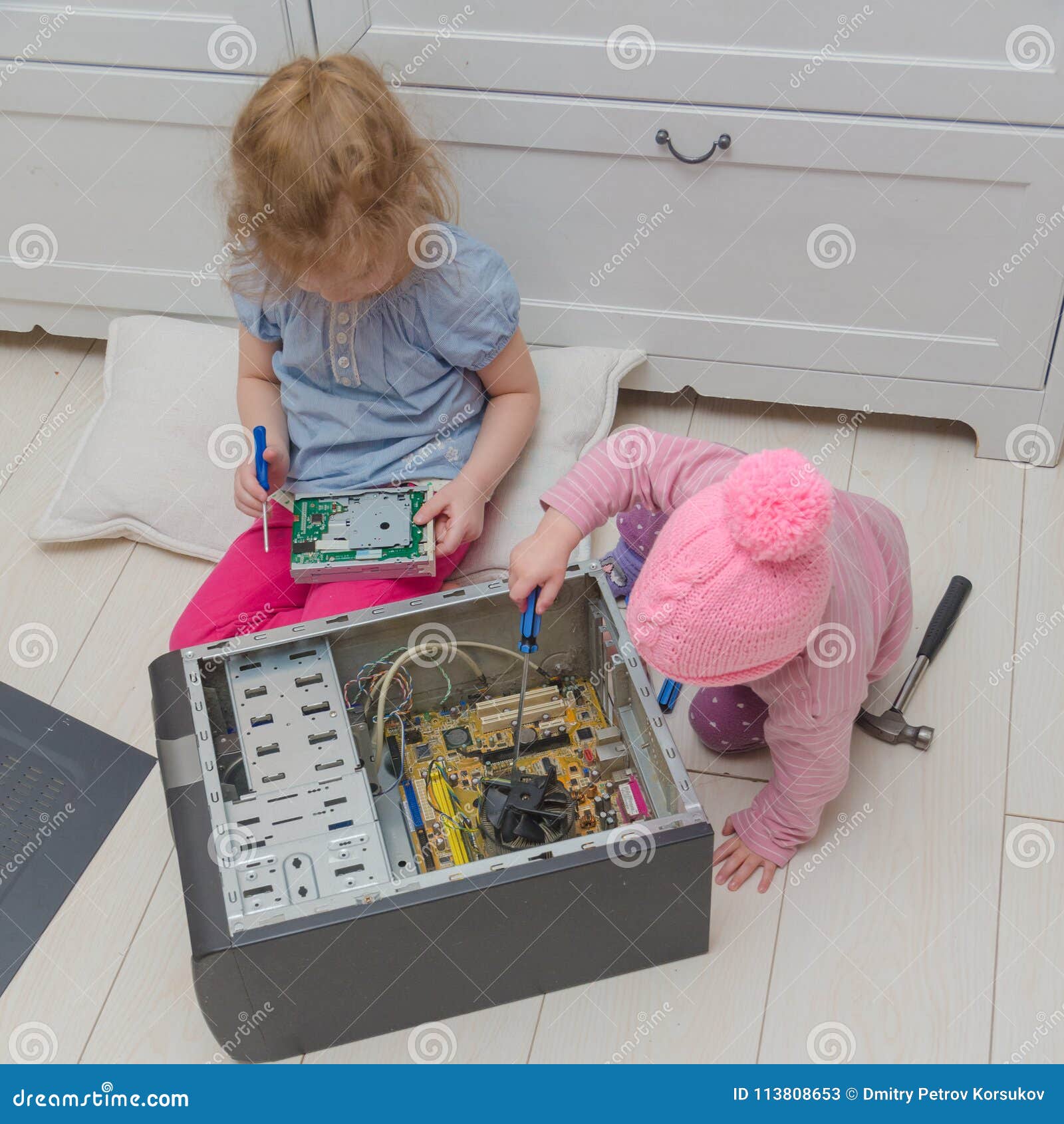 Two Children Repair a Computer, a System Unit Stock Image - Image of ...