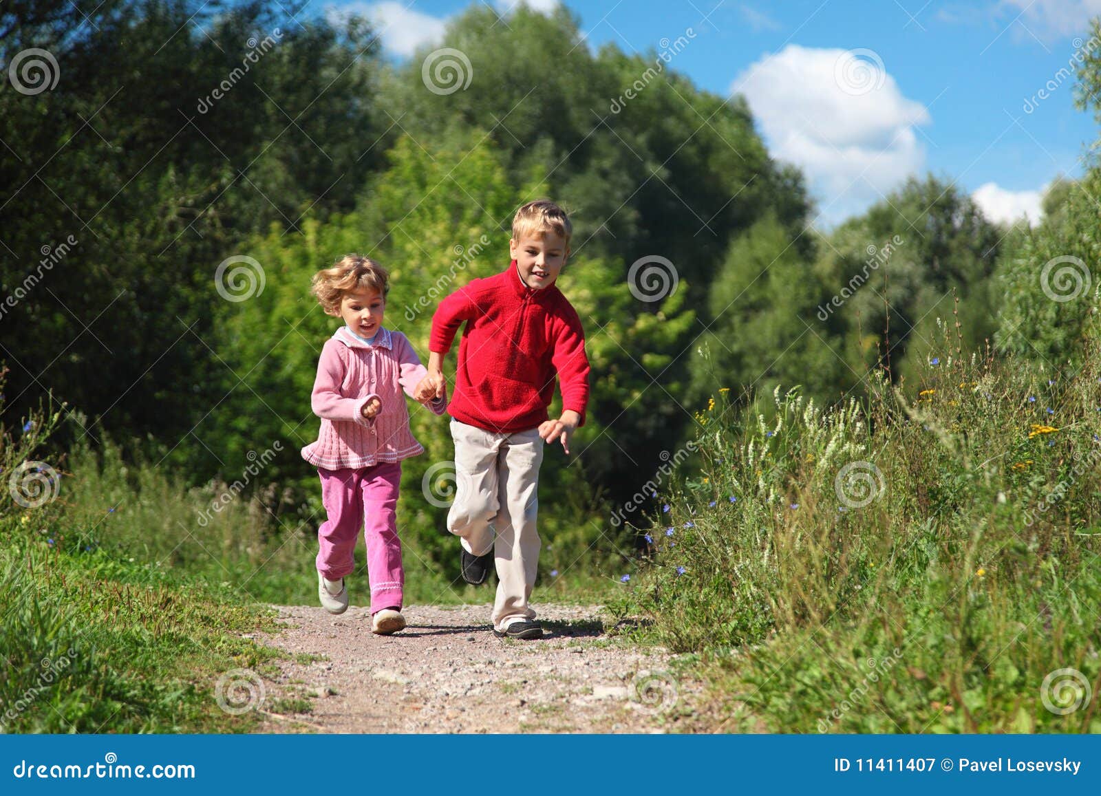 Two Children Run on Path in Summer Stock Image - Image of outdoor, girl ...