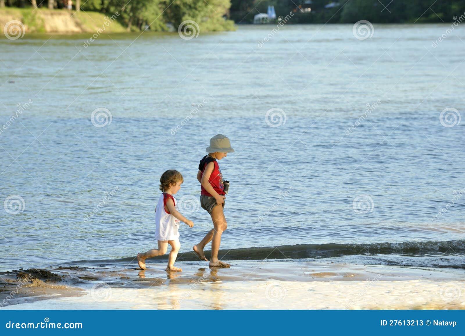 Two Children Running on the River Bank Stock Image - Image of nature ...