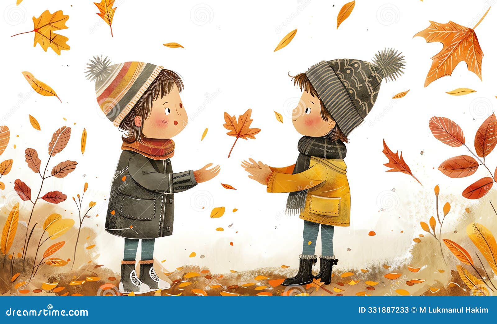 Two Children Sharing a Leaf in Autumnal Setting with Falling Leaves ...