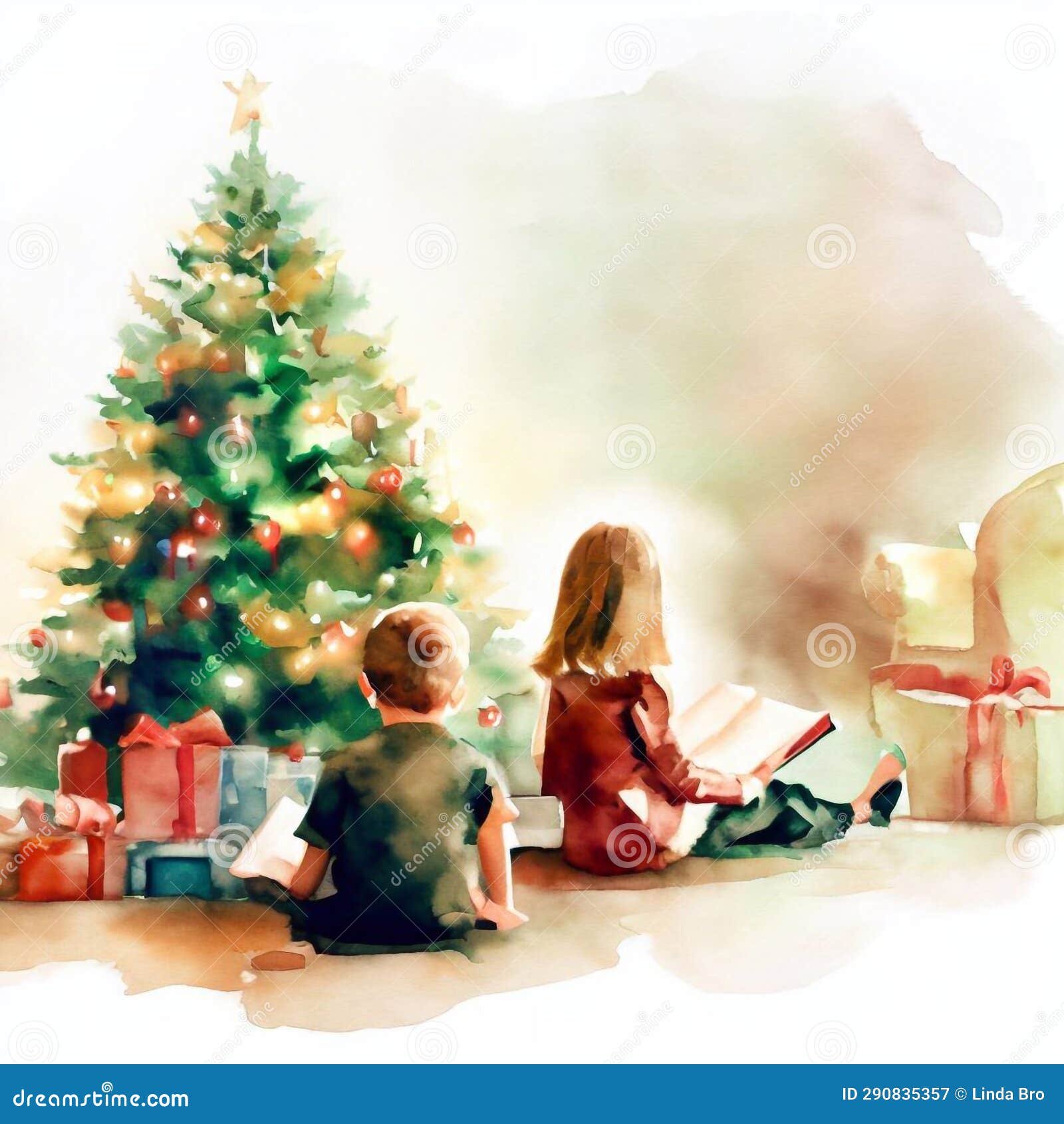 Two Children Sitting Under the Christmas Tree, Reading a Book Stock ...