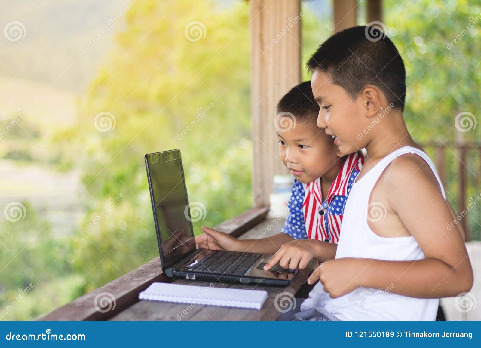 Two Children Study Internet Research Stock Image - Image of cheerful ...