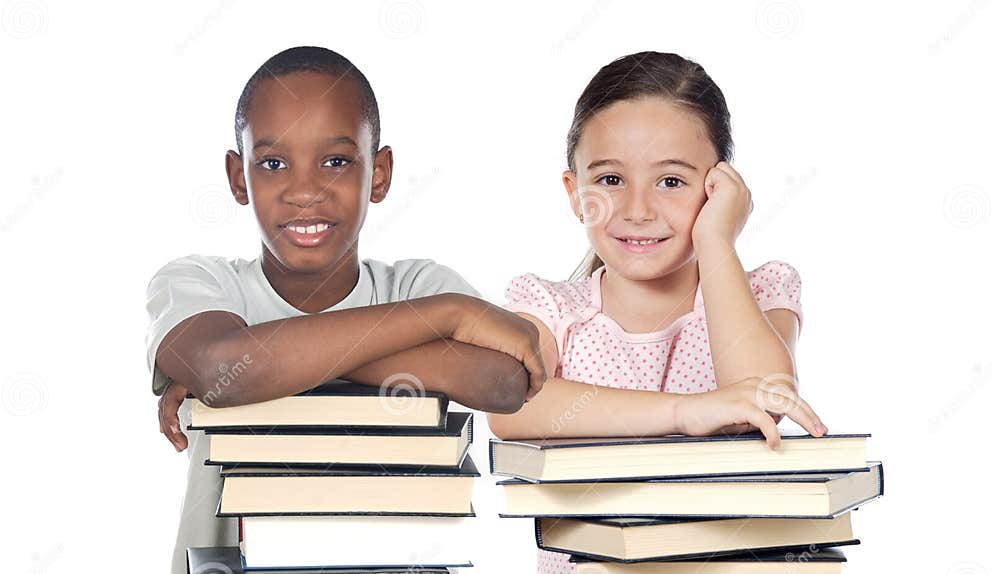 Two Children Supported on a Stack of Books Stock Image - Image of ...