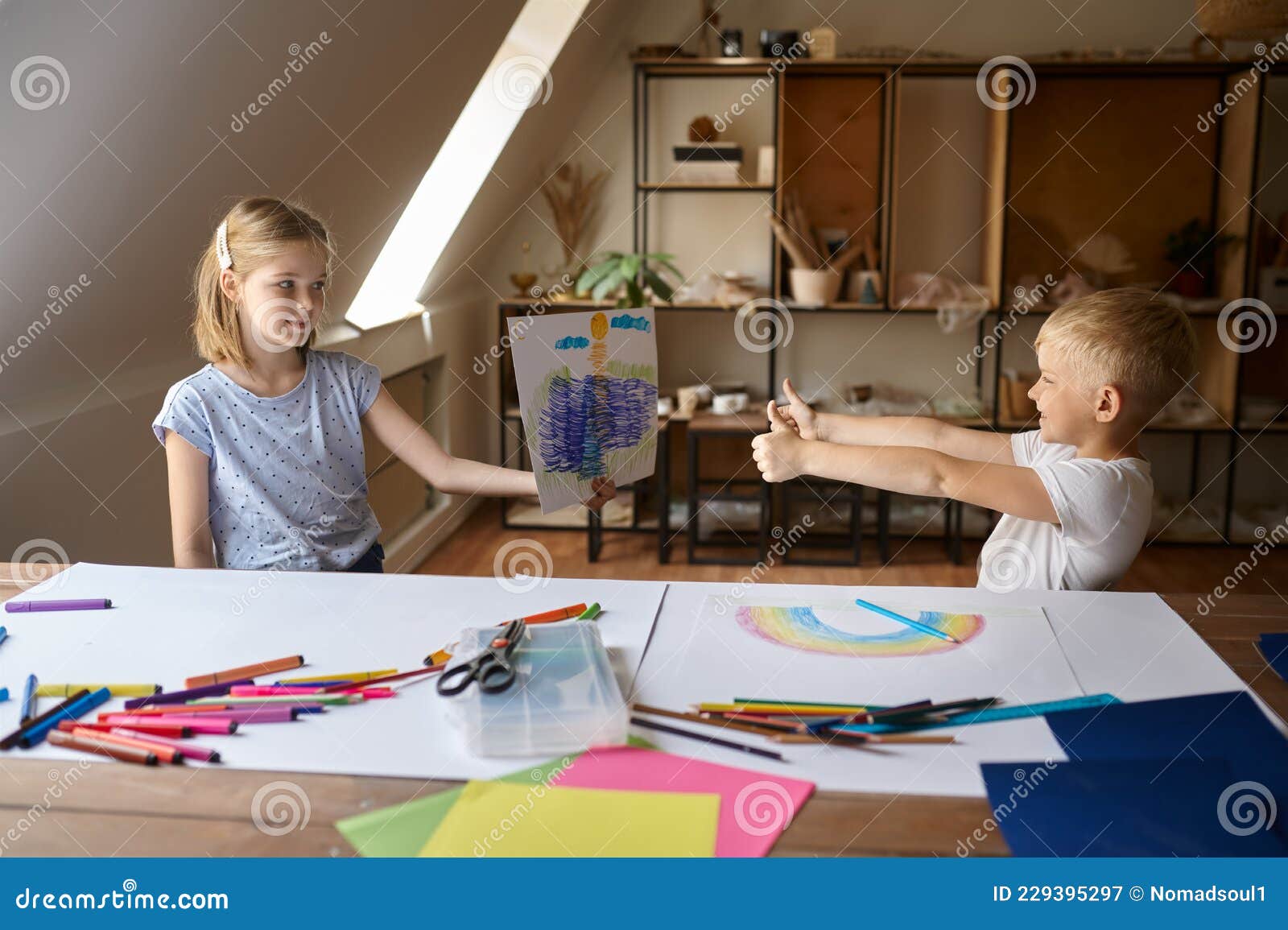 Two Children at the Table in Drawing Class Stock Image - Image of ...
