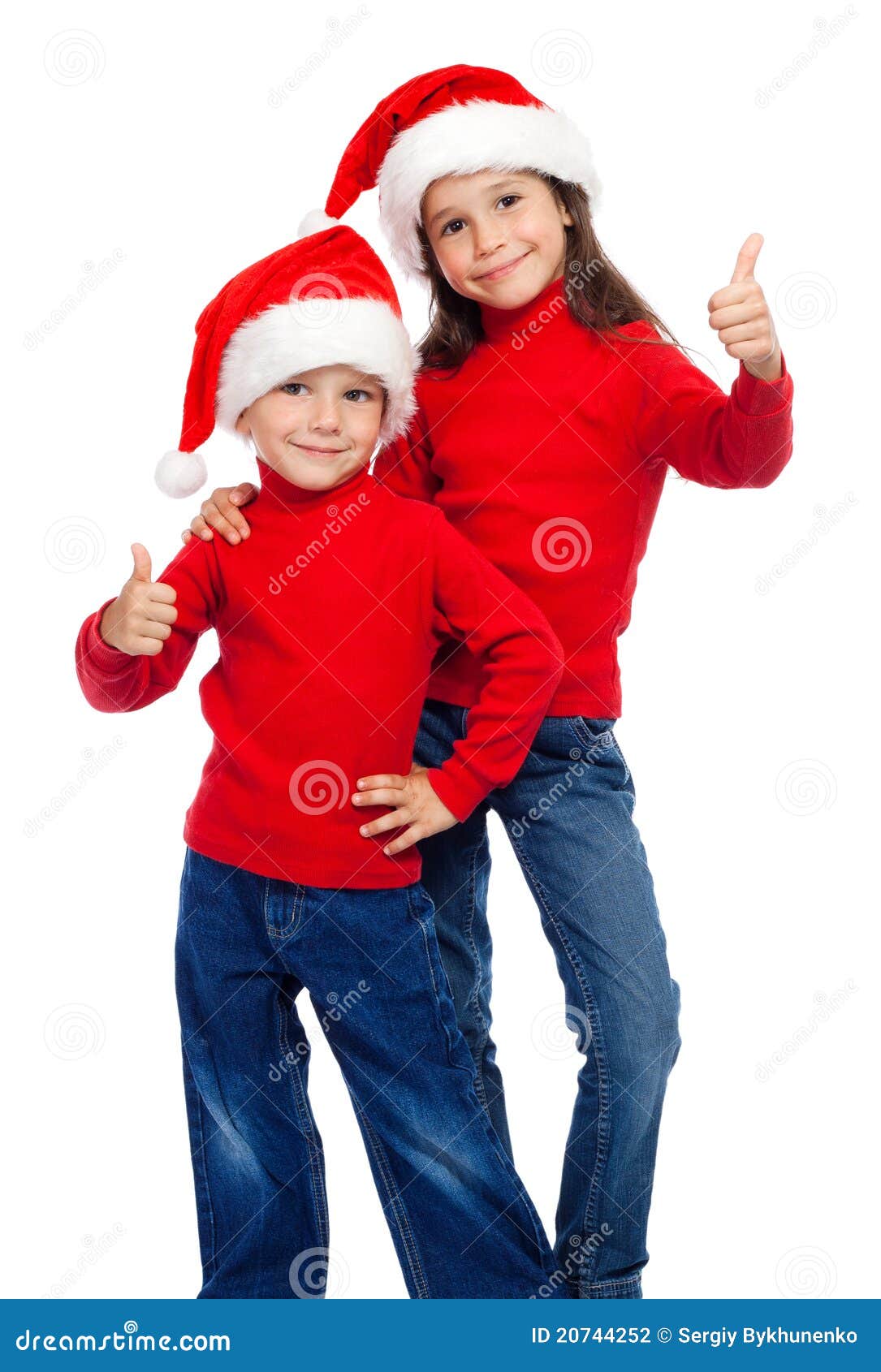 Two Children with Thumbs Up Sign and Santa S Stock Photo - Image of ...