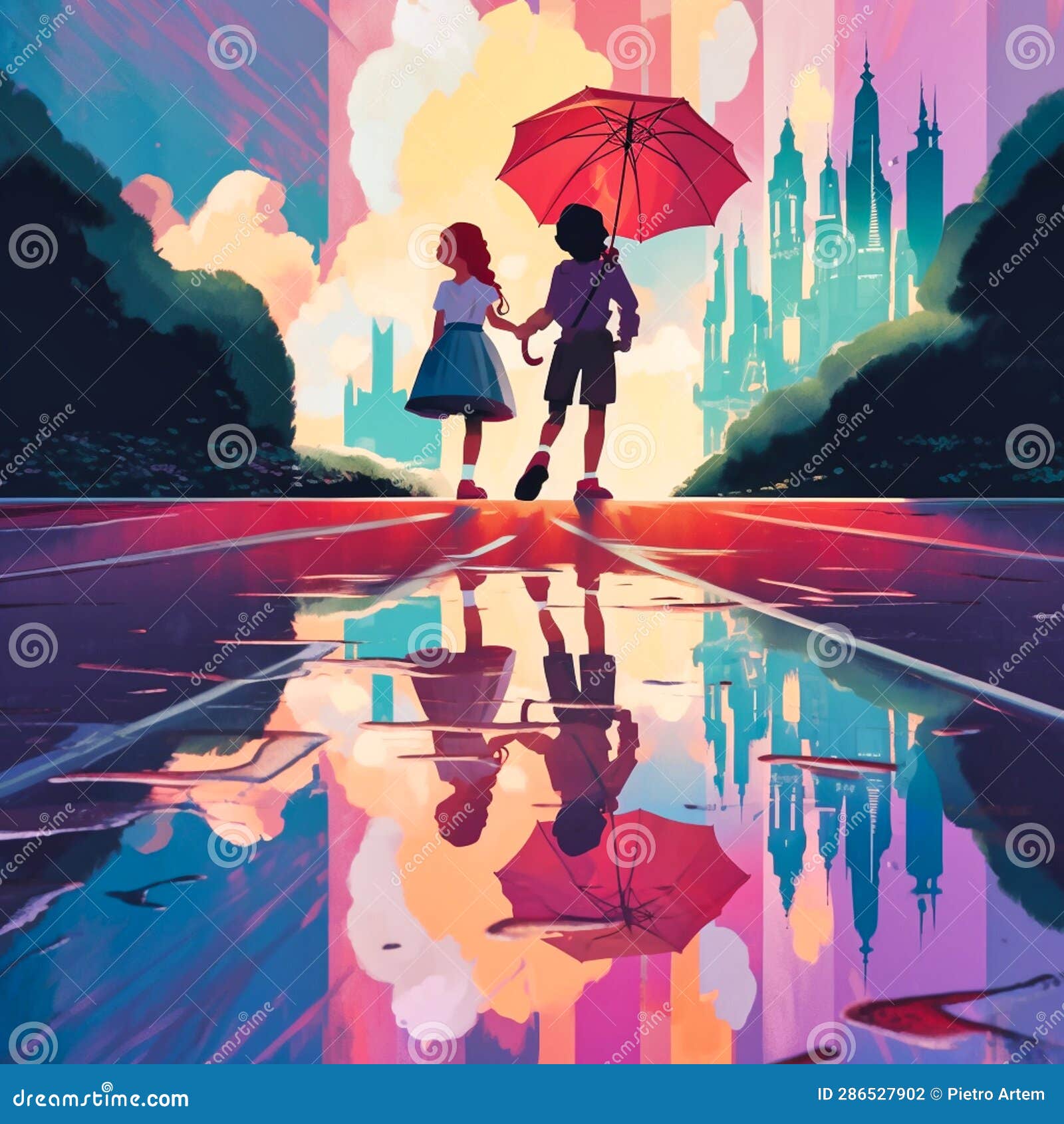 Two Children Walk Under the Same Color Umbrella. Generative AI Stock ...