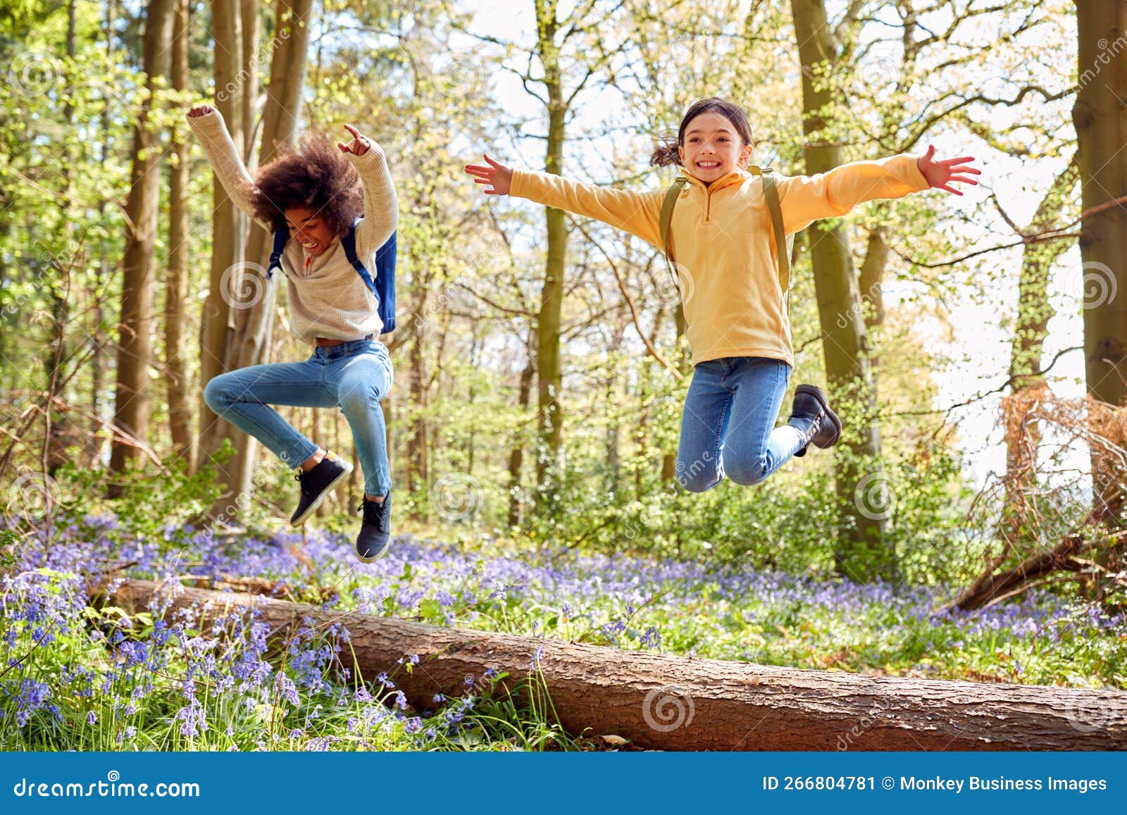 Two Children Walking through Bluebell Woods in Springtime Jumping Over ...