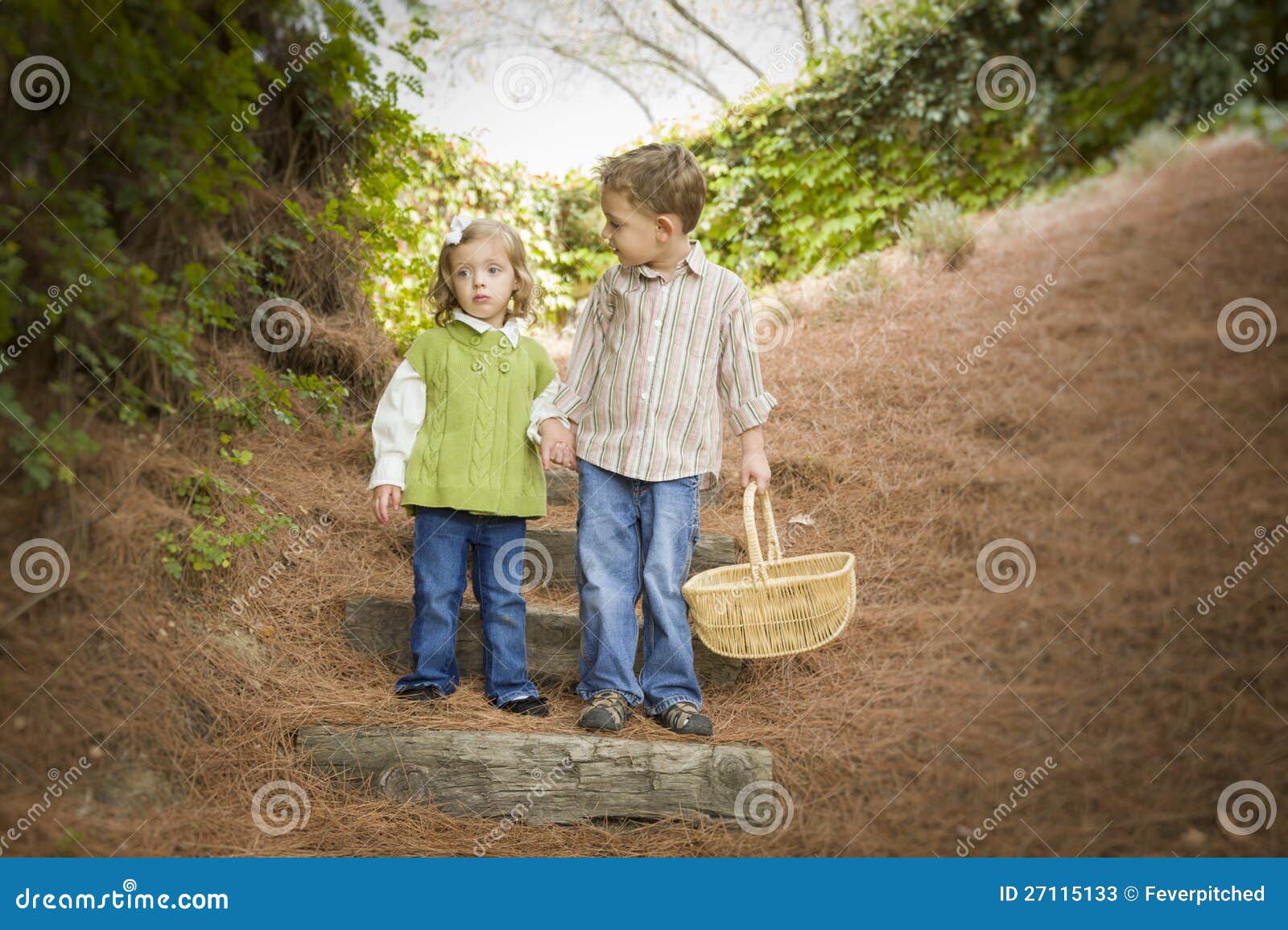 Two Children Walking Down Wood Steps with Basket Stock Image - Image of ...
