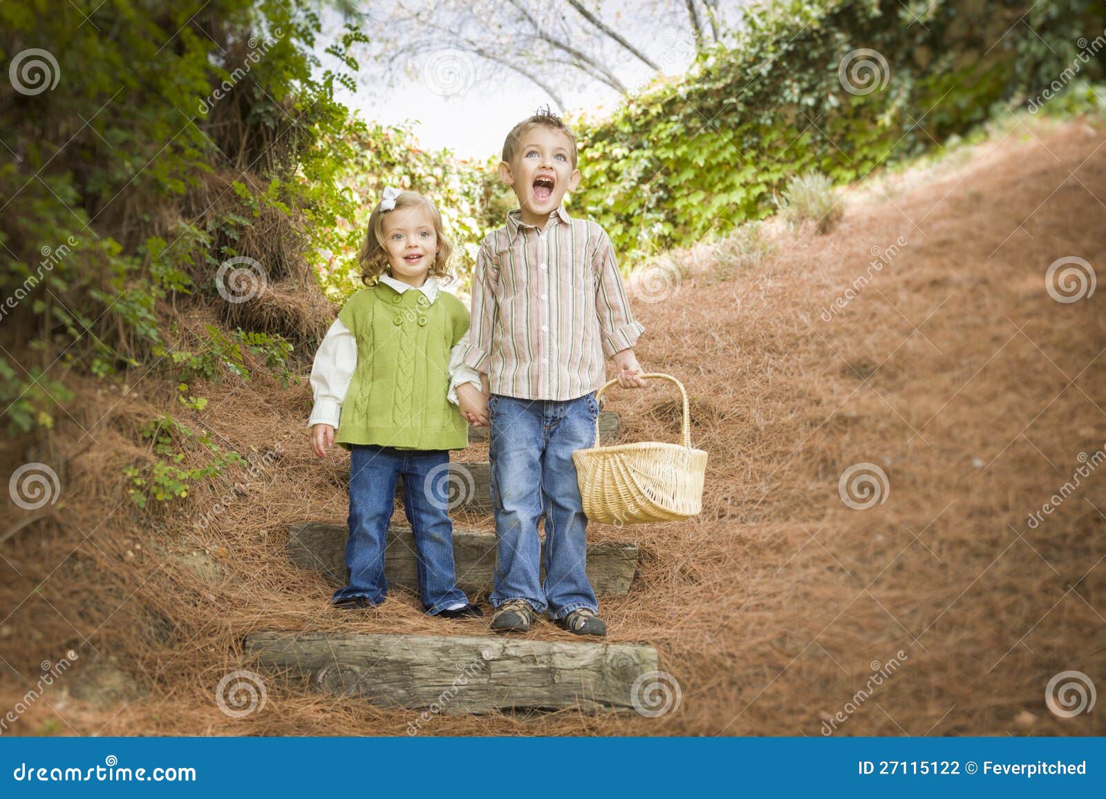 Two Children Walking Down Wood Steps with Basket Outside. Stock Photo ...