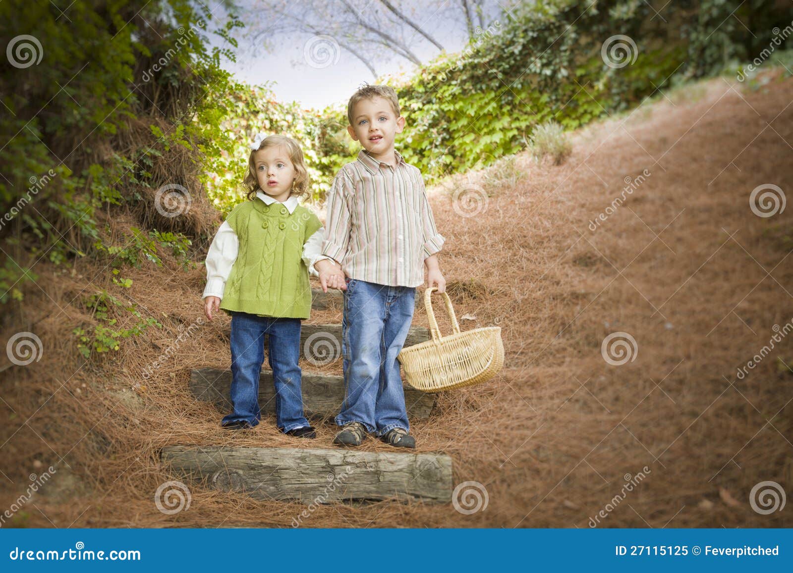 Two Children Walking Down Wood Steps with Basket Outside. Stock Image ...