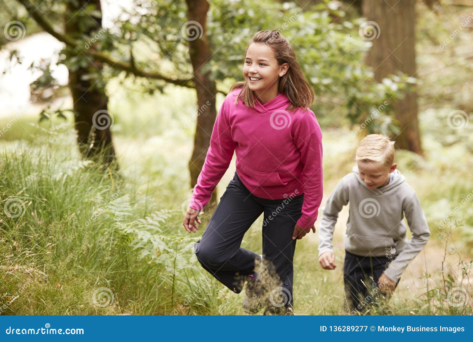 Two Children Walking through a Forest Amongst Greenery, Front View ...
