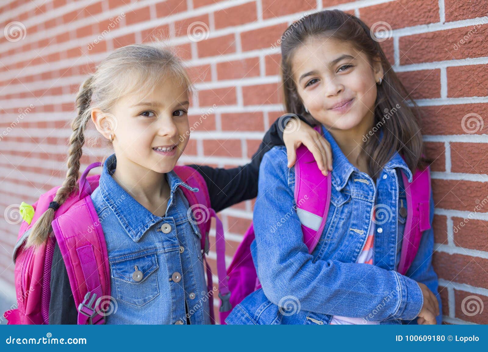 Two Childs Girls Elementary School Outside Stock Photo - Image of girls ...
