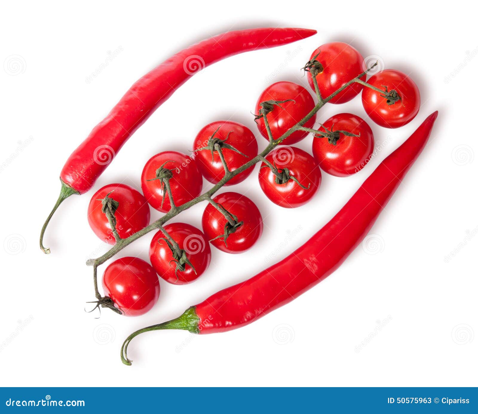 Two Chili Pepper and Cherry Tomatoes on Stem Top View Stock Image ...