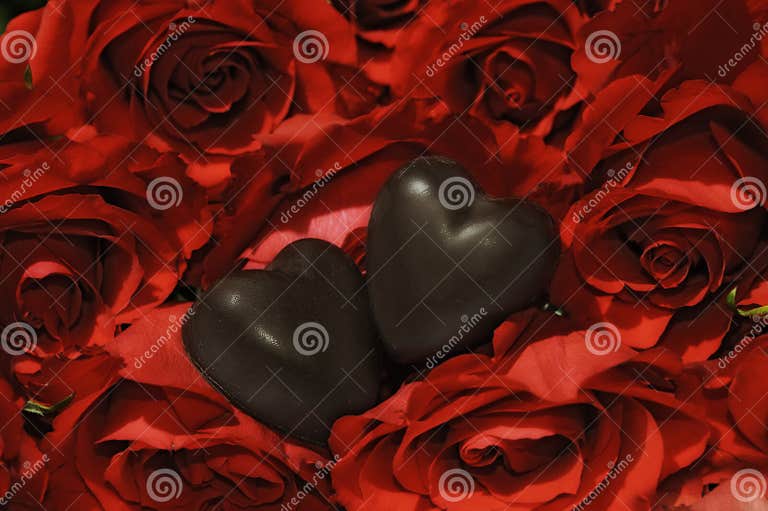 Two Chocolate Hearts and Ruby Red Roses Stock Photo - Image of lovers ...