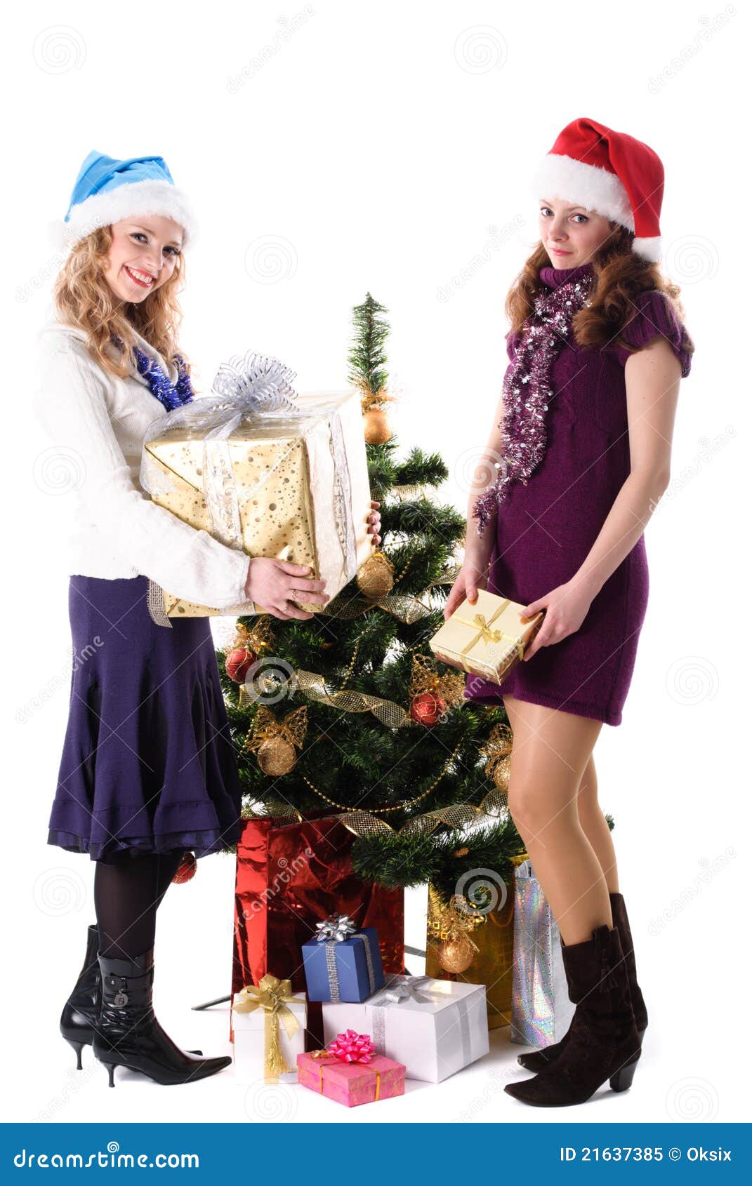 Two Christmas Santa Girl with Gift Stock Image - Image of tree, giving ...