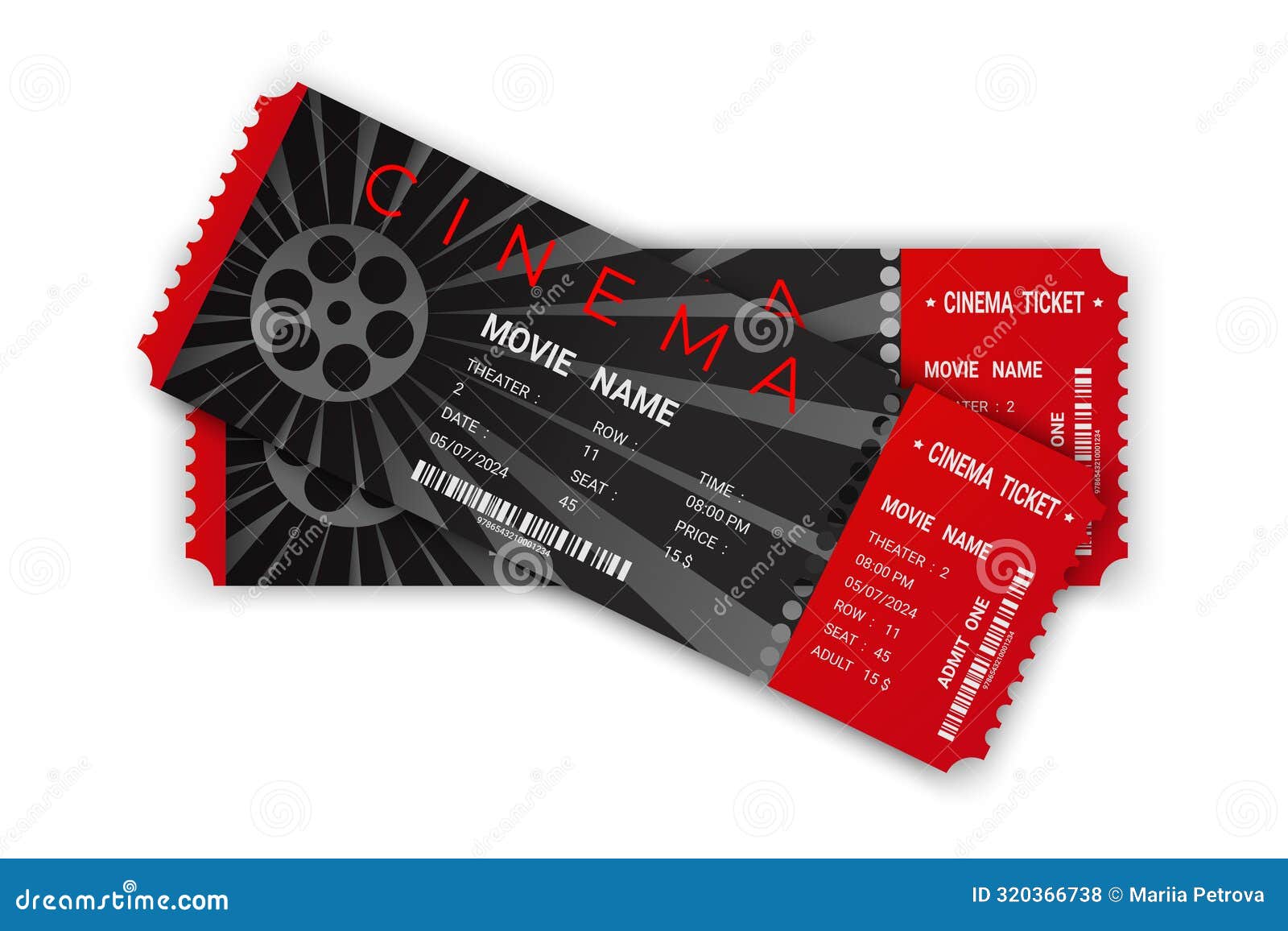 Two Cinema Tickets Templates with Barcode in Realistic Style. Cinema ...