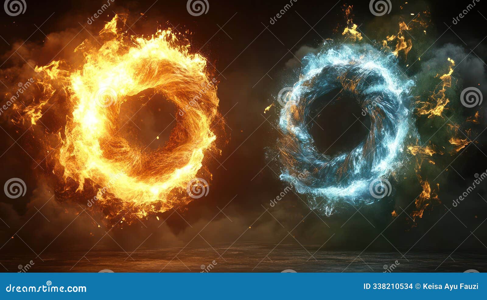 Two Circular Elemental Designs Representing Fire and Ice Against a Dark ...