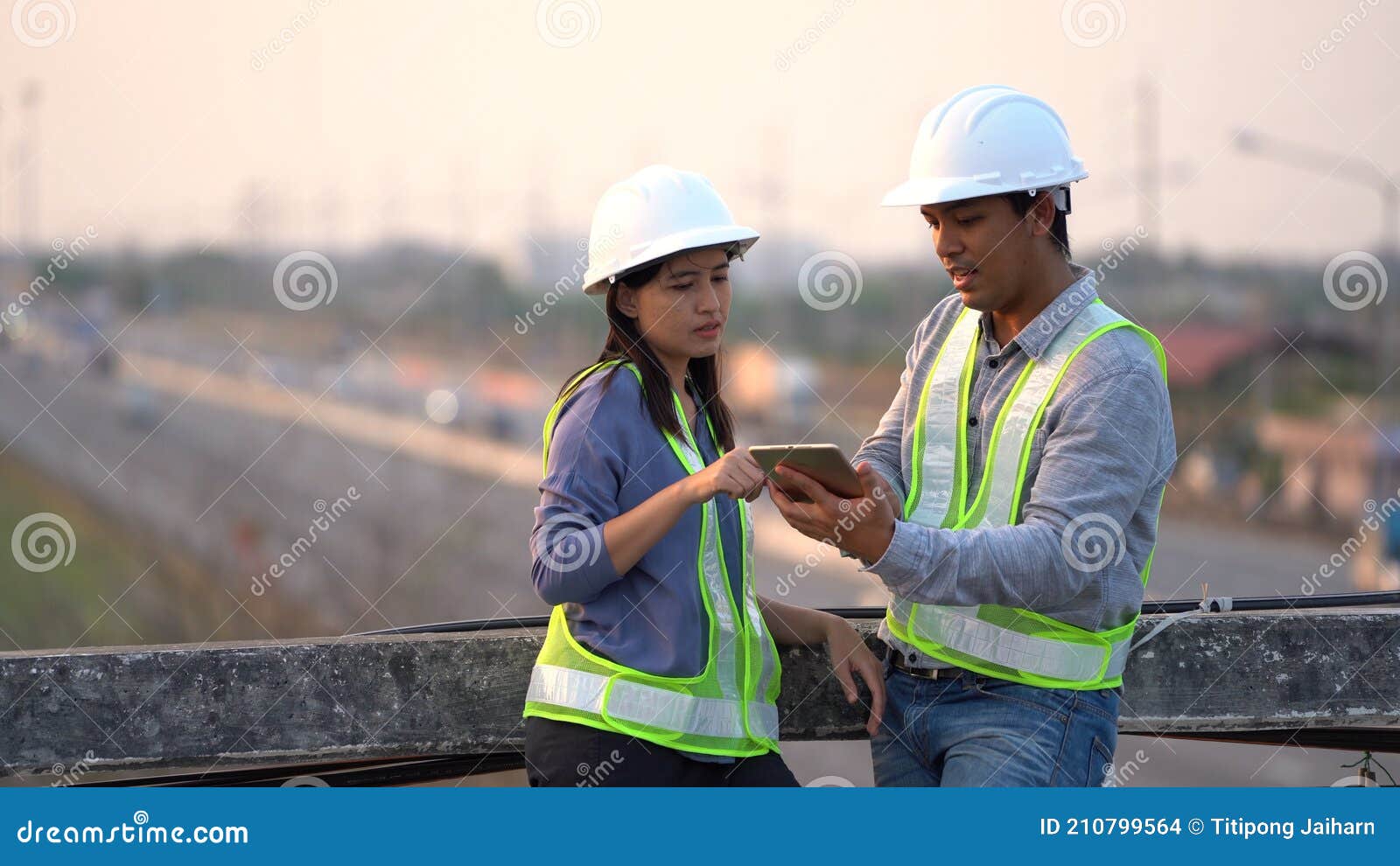 Two Civil Engineering Working with Tablet on Bridge Highway Stock Photo ...