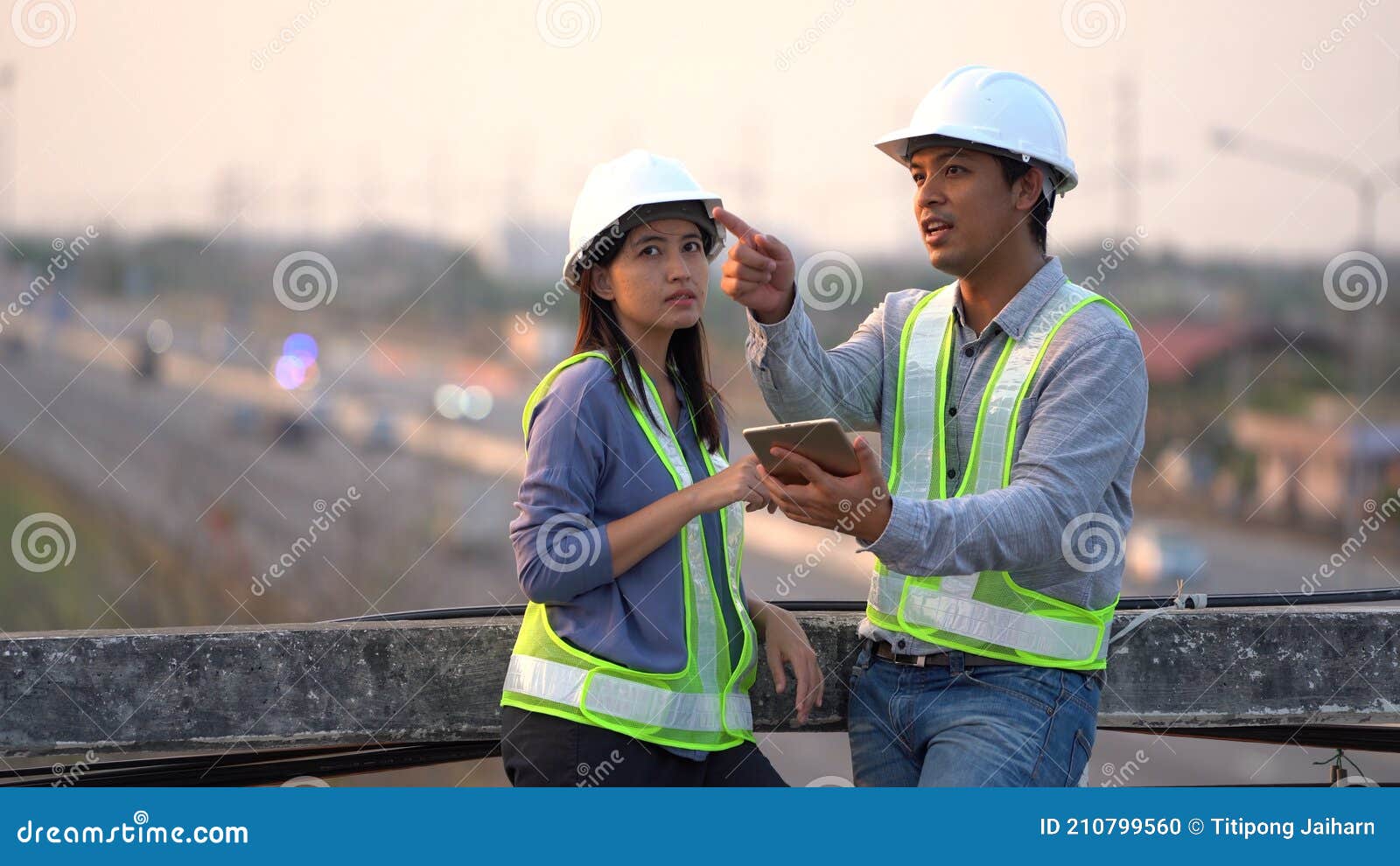 Two Civil Engineering Working with Tablet on Bridge Highway Stock Photo ...