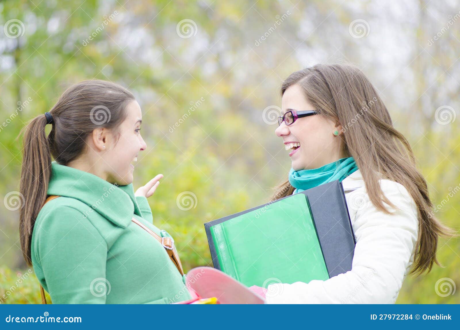 Two Classmates Talking in the Forest Stock Photo - Image of girls ...