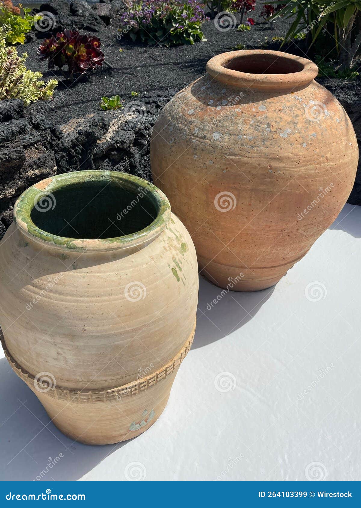 Clay jugs on a table stock image. Image of traditional - 264103399