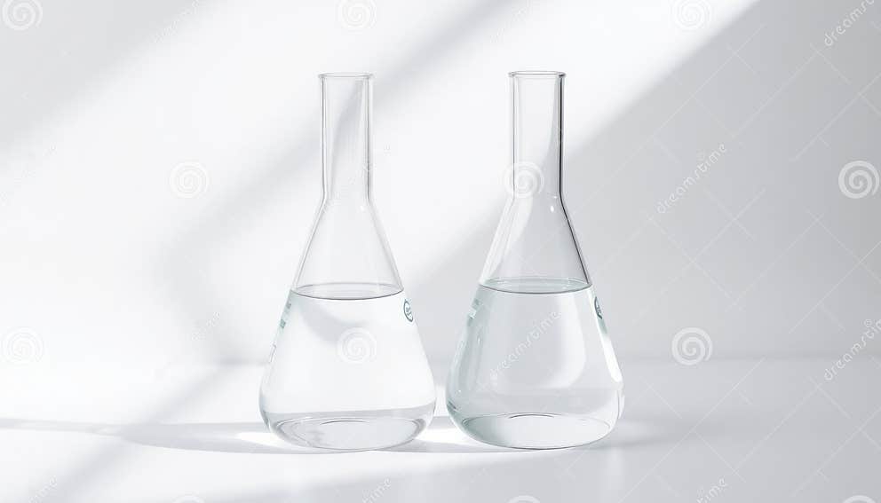 Two Clear Erlenmeyer Flasks Filled with Clear Liquid Stand on Plain ...