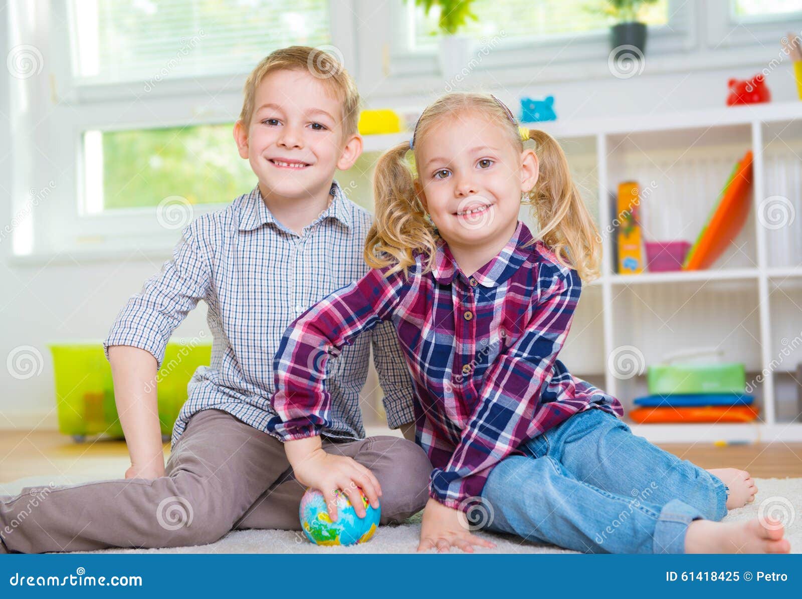 Two Clever Children Exploring Globe Stock Image - Image of clever ...