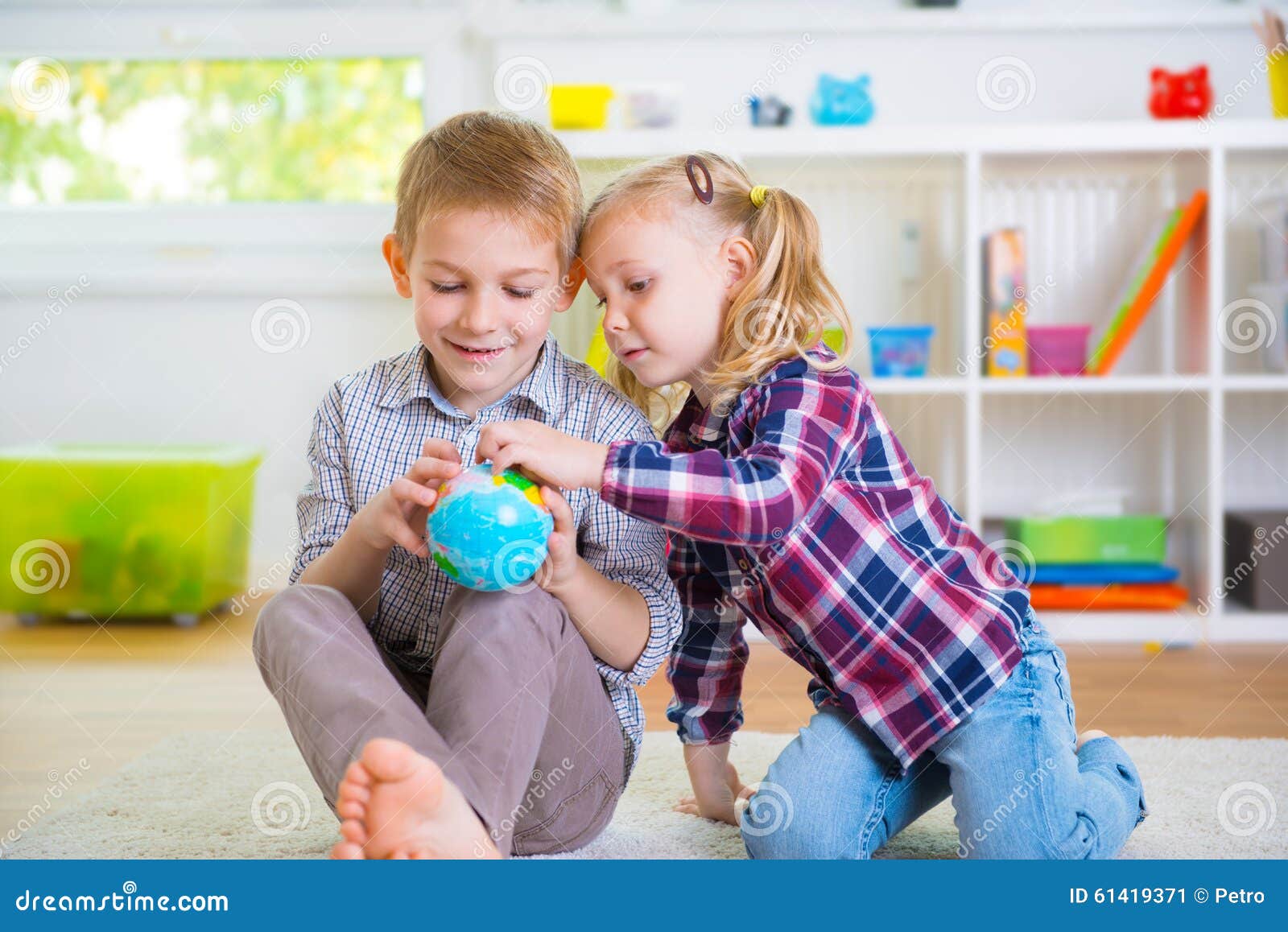Two Clever Children Exploring Globe Stock Image - Image of elementary ...