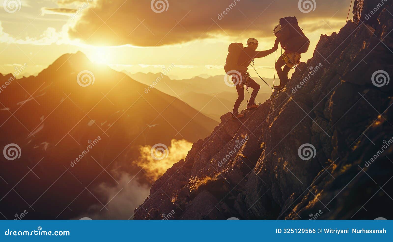 Two Climbers Reaching the Summit at Sunset Stock Illustration ...