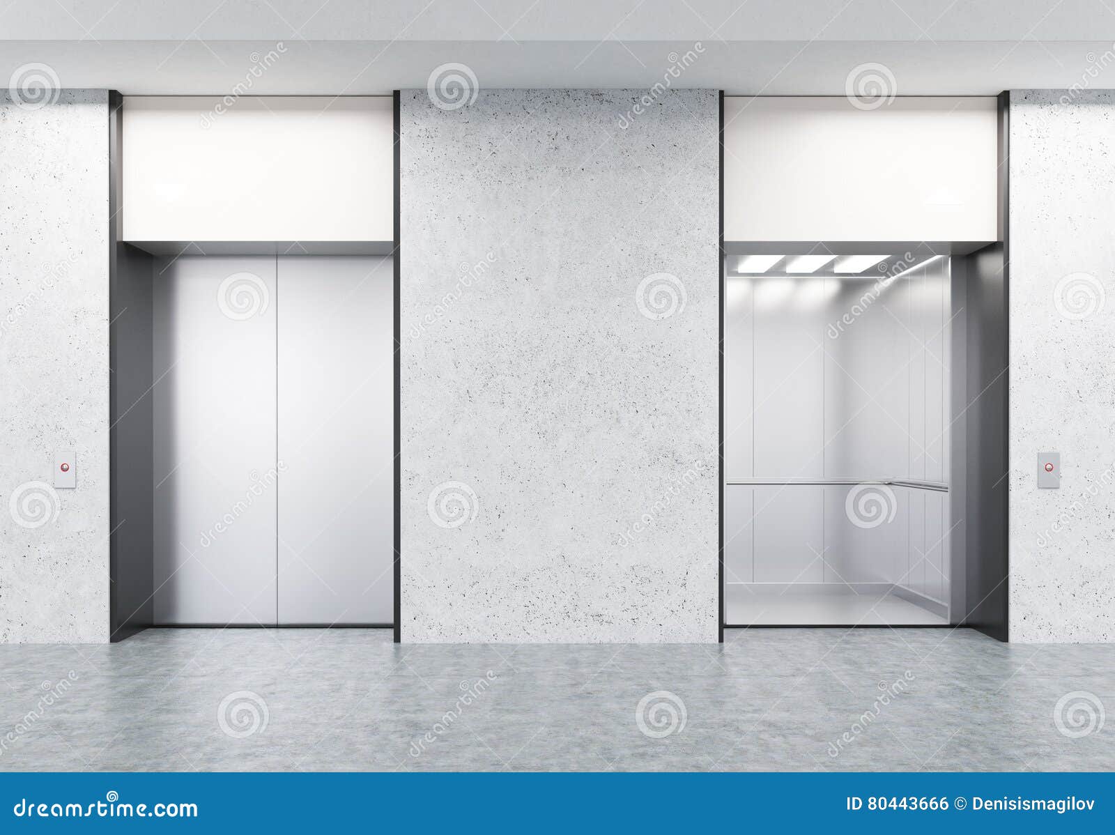 Two Closed and Open Elevators in Corridor with Concrete Walls Stock ...