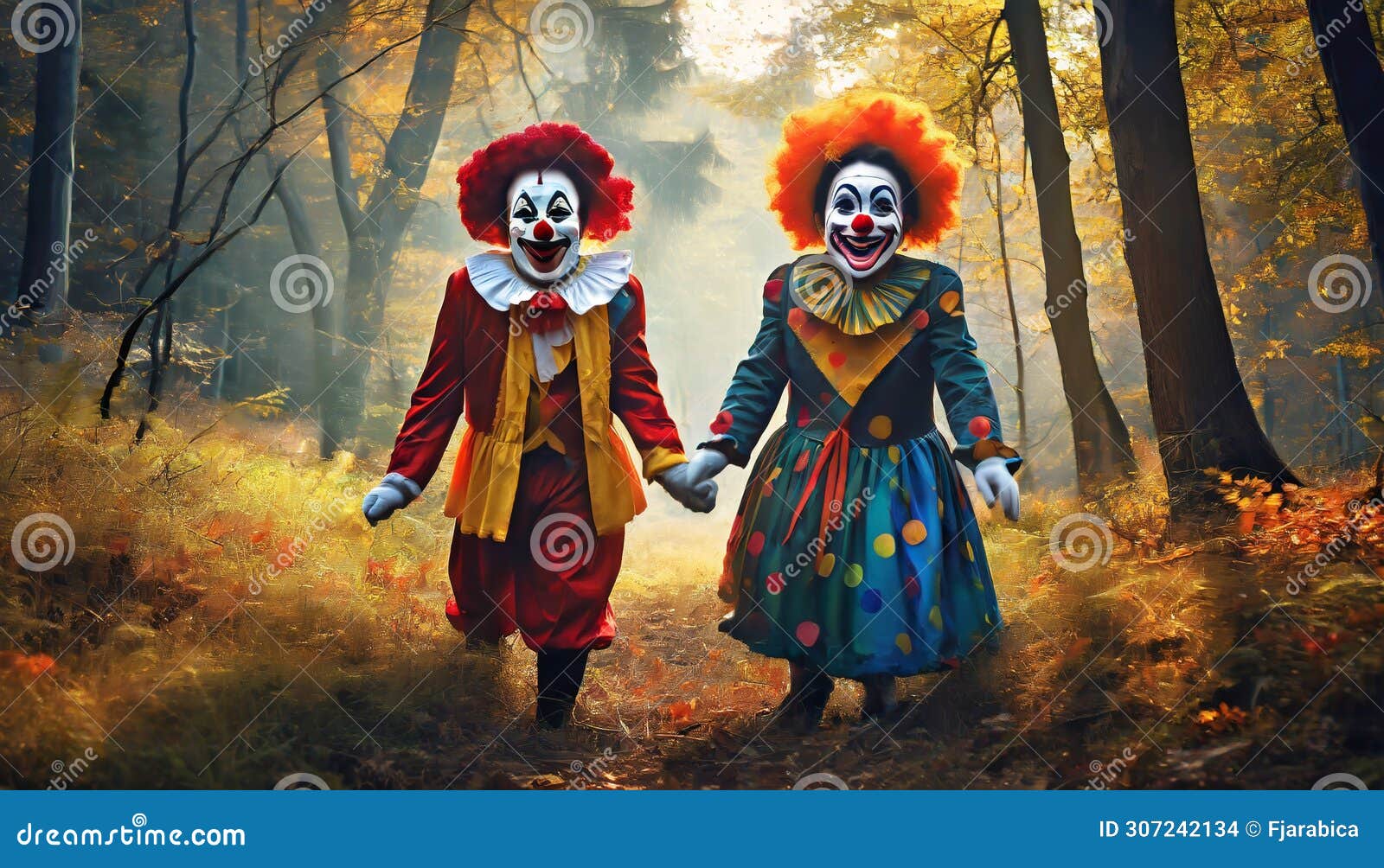 Two Clowns on a Path through the Forest Stock Illustration ...