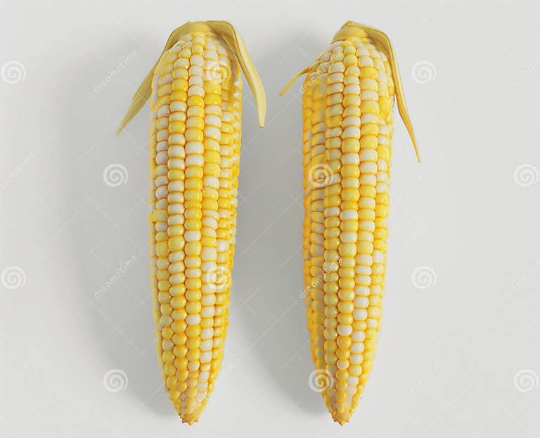 Two Cobs of 3D Realistic Corn on a White Background, Isolated Stock ...