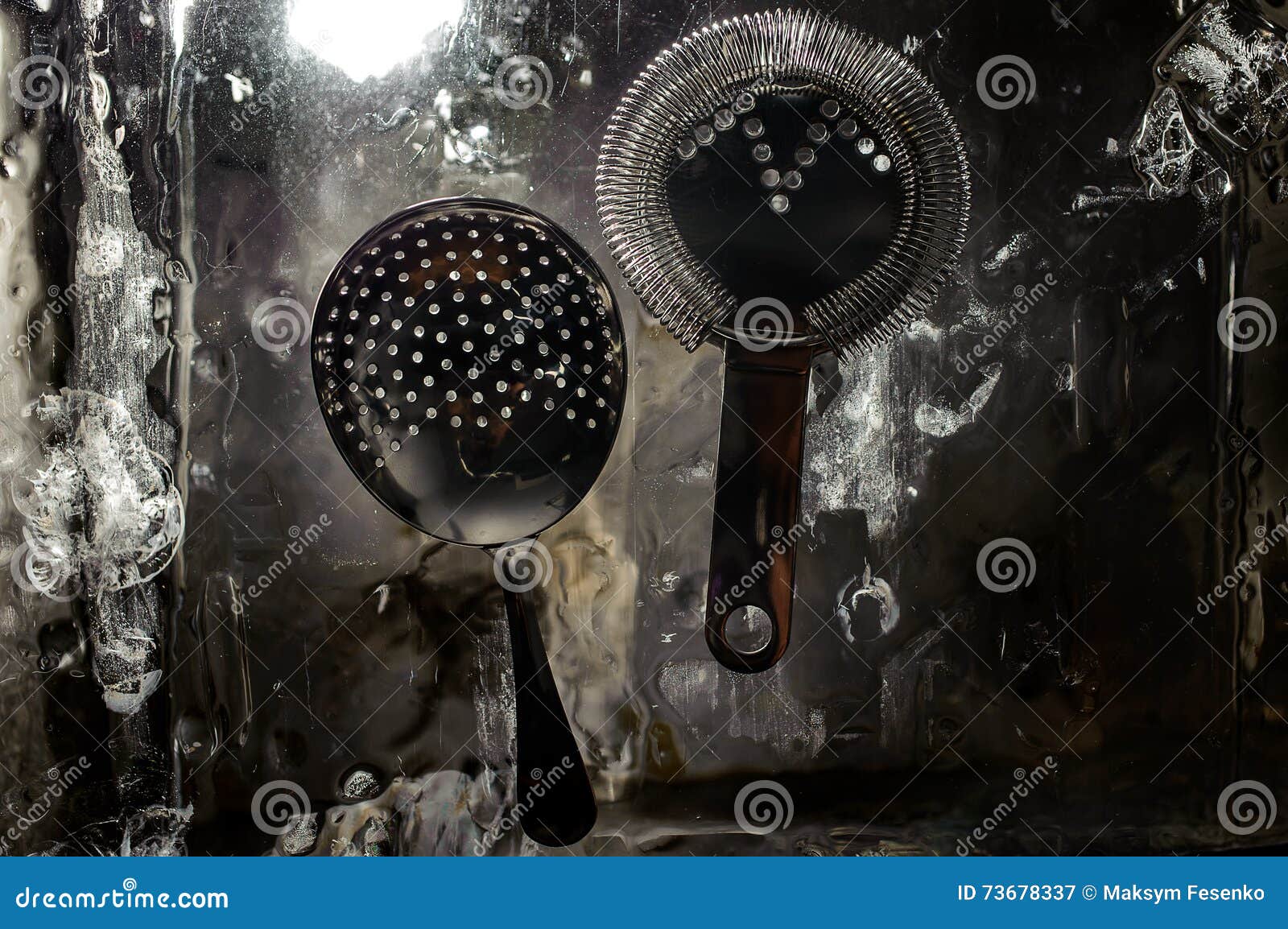 Two Cocktail Strainers on Ice Stock Image - Image of bartender, gadget ...