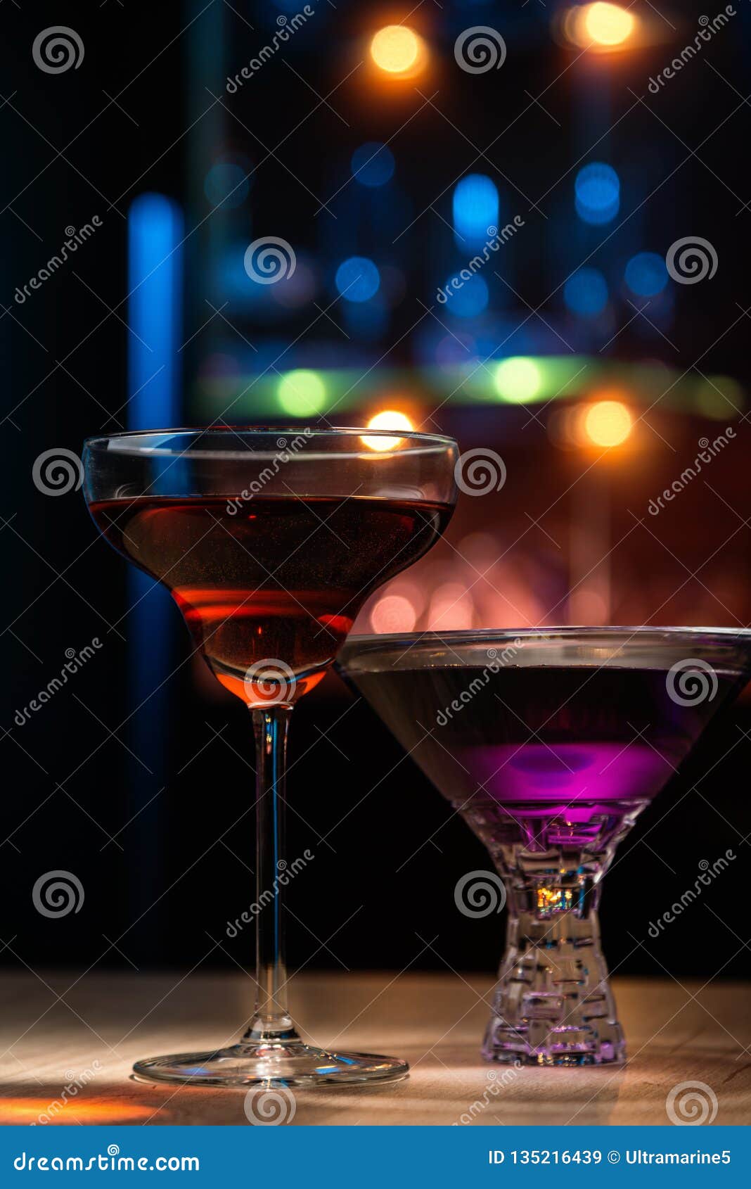 Two cocktails in bar stock image. Image of black, alcohol - 135216439