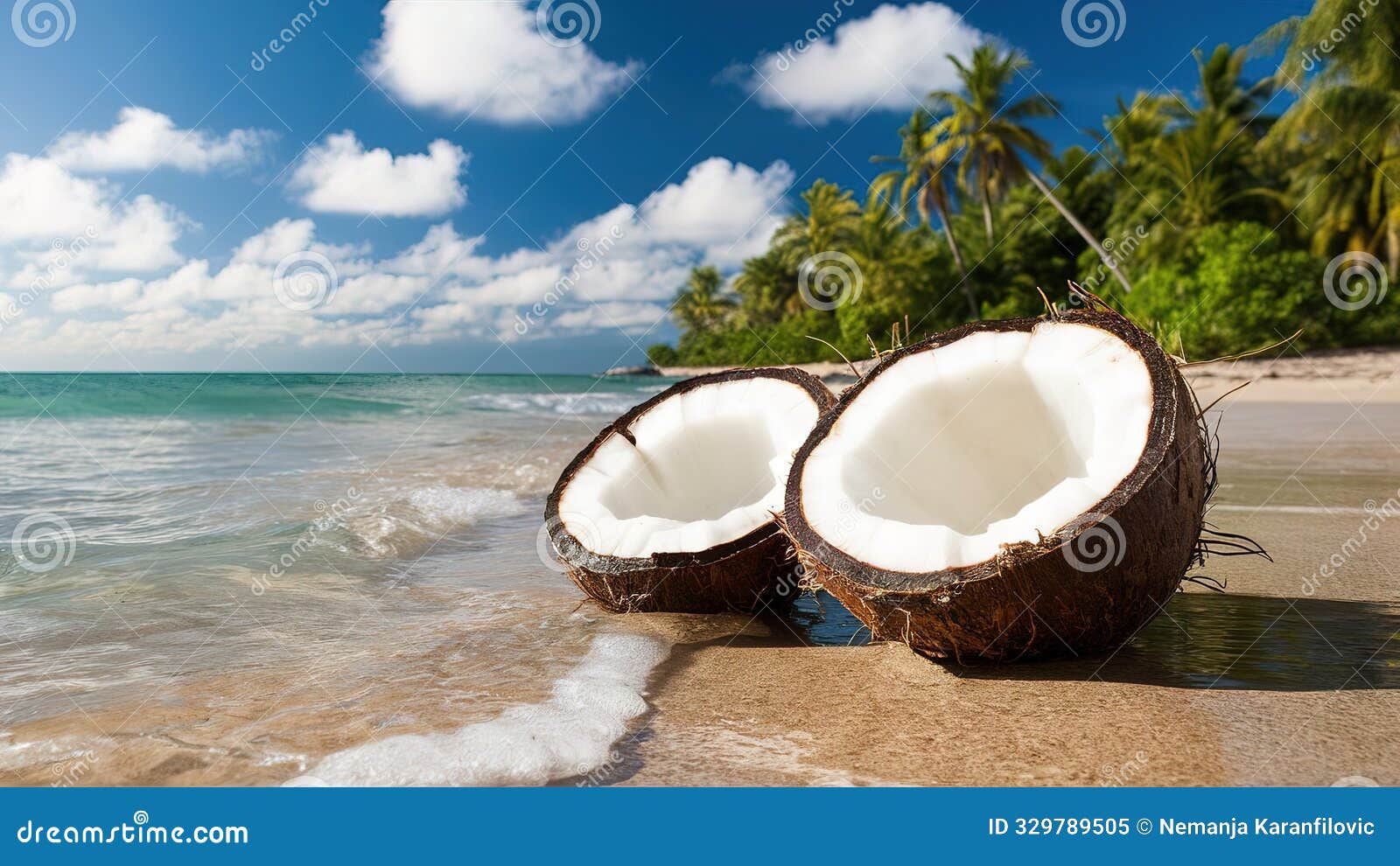 Two Coconuts Are Laying On The Beach, One Of Which Is Open Stock Image ...