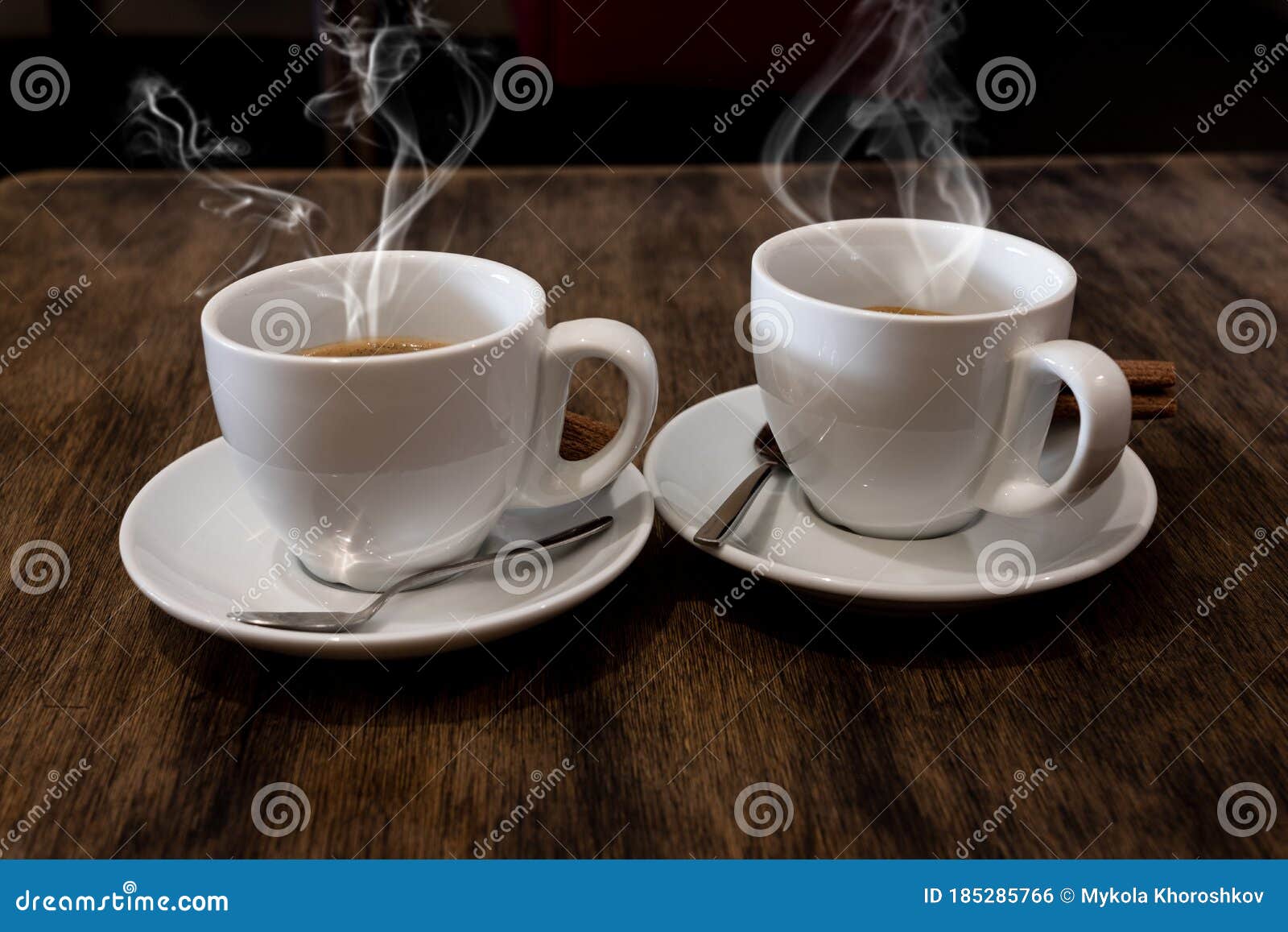 Two Coffee Cups on Wood Table in Cafe Stock Photo - Image of coffee ...