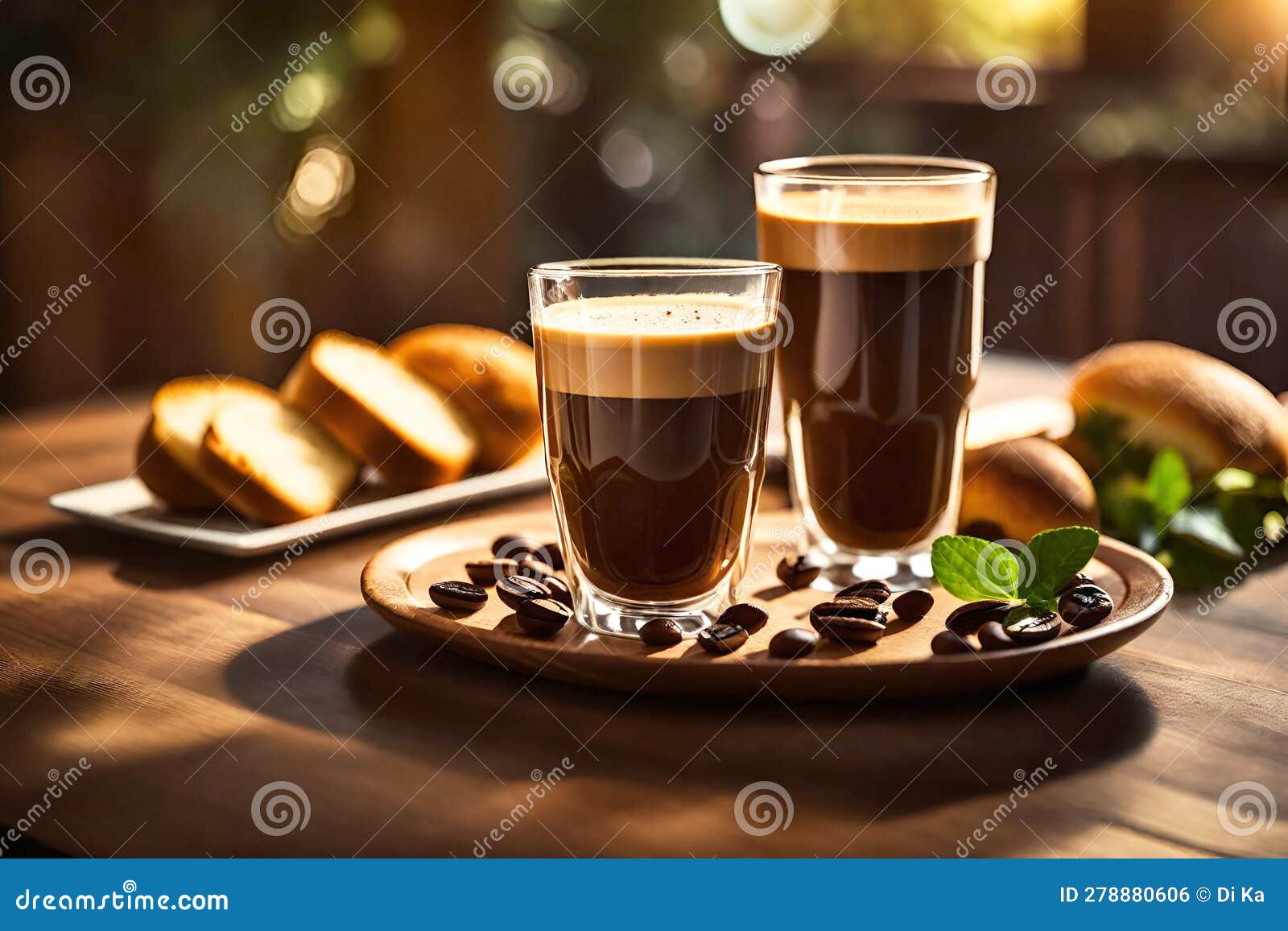 Two Coffees and Bread on the Table, Coffee and Bread in the Morning ...