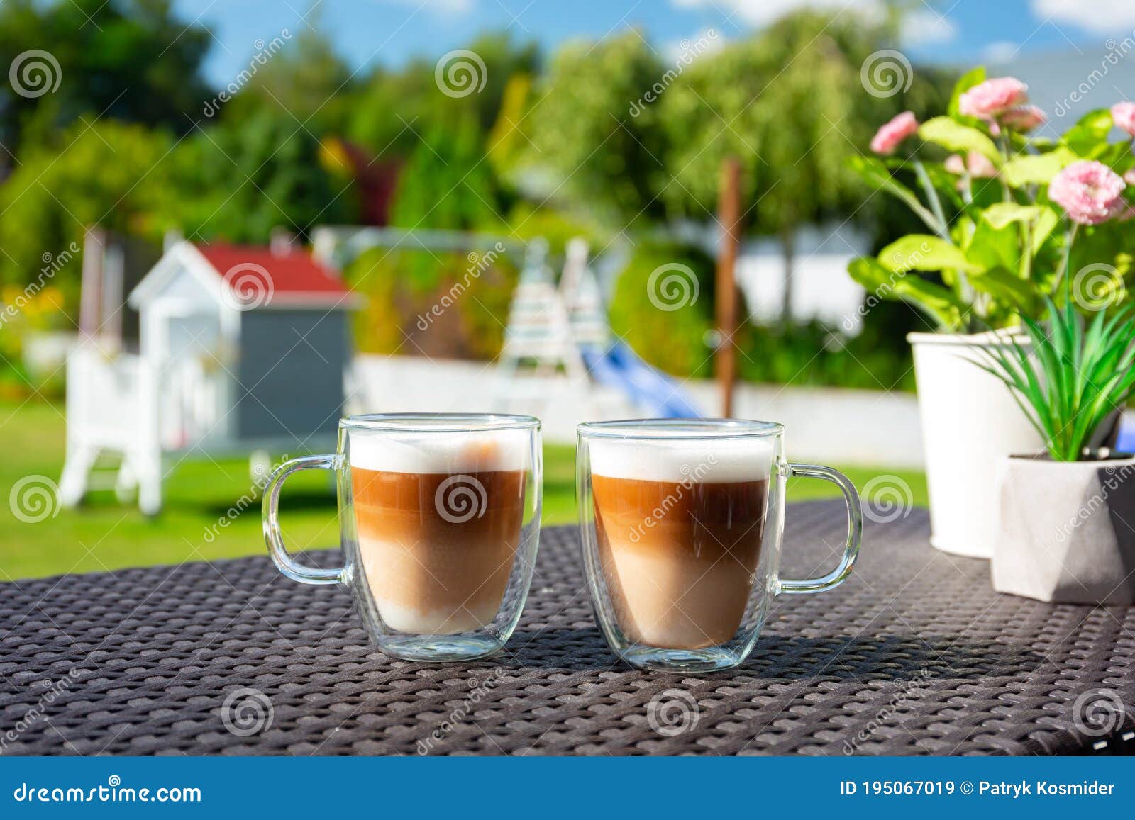 Two Coffees on the Table of Sunny Garden Terrace Stock Image - Image of ...