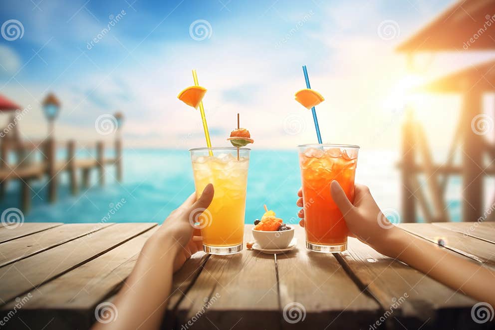 Two with Cold Drinks on an Ocean Pier Stock Photo - Image of sunset ...
