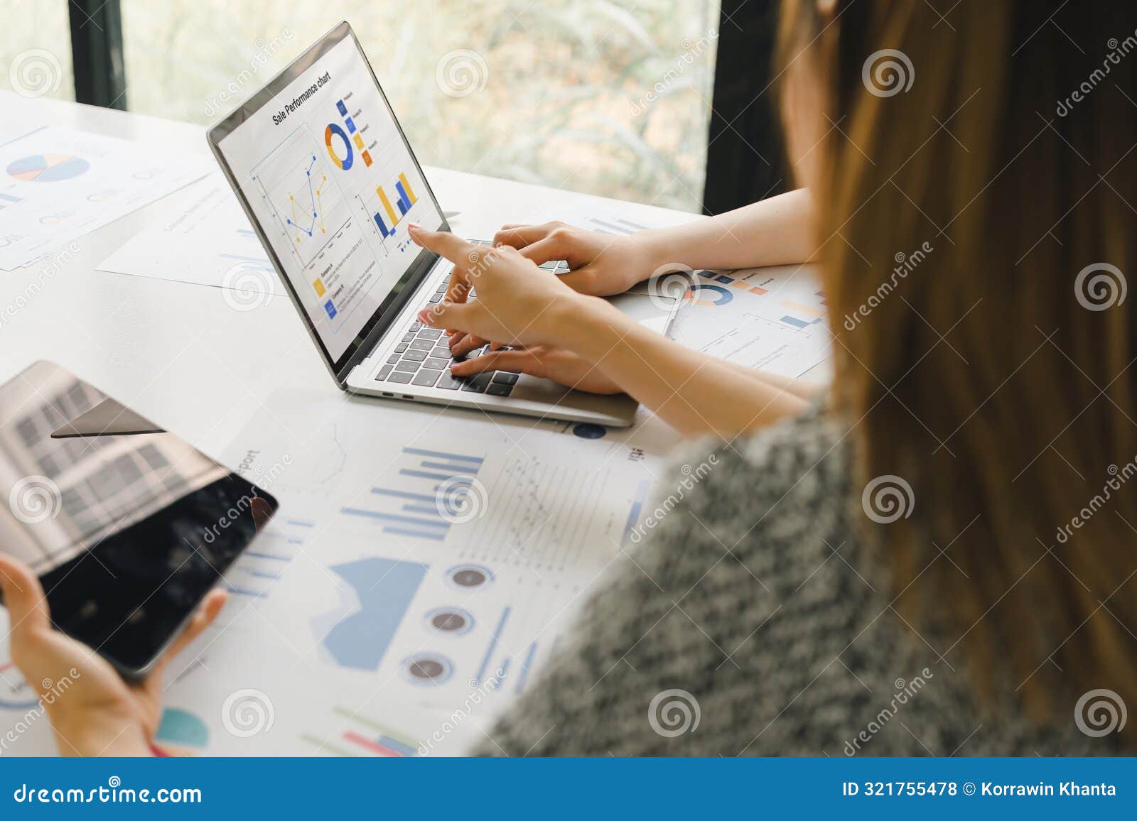 Two Colleagues Analyzing Financial Data Reports on Laptop with Charts ...