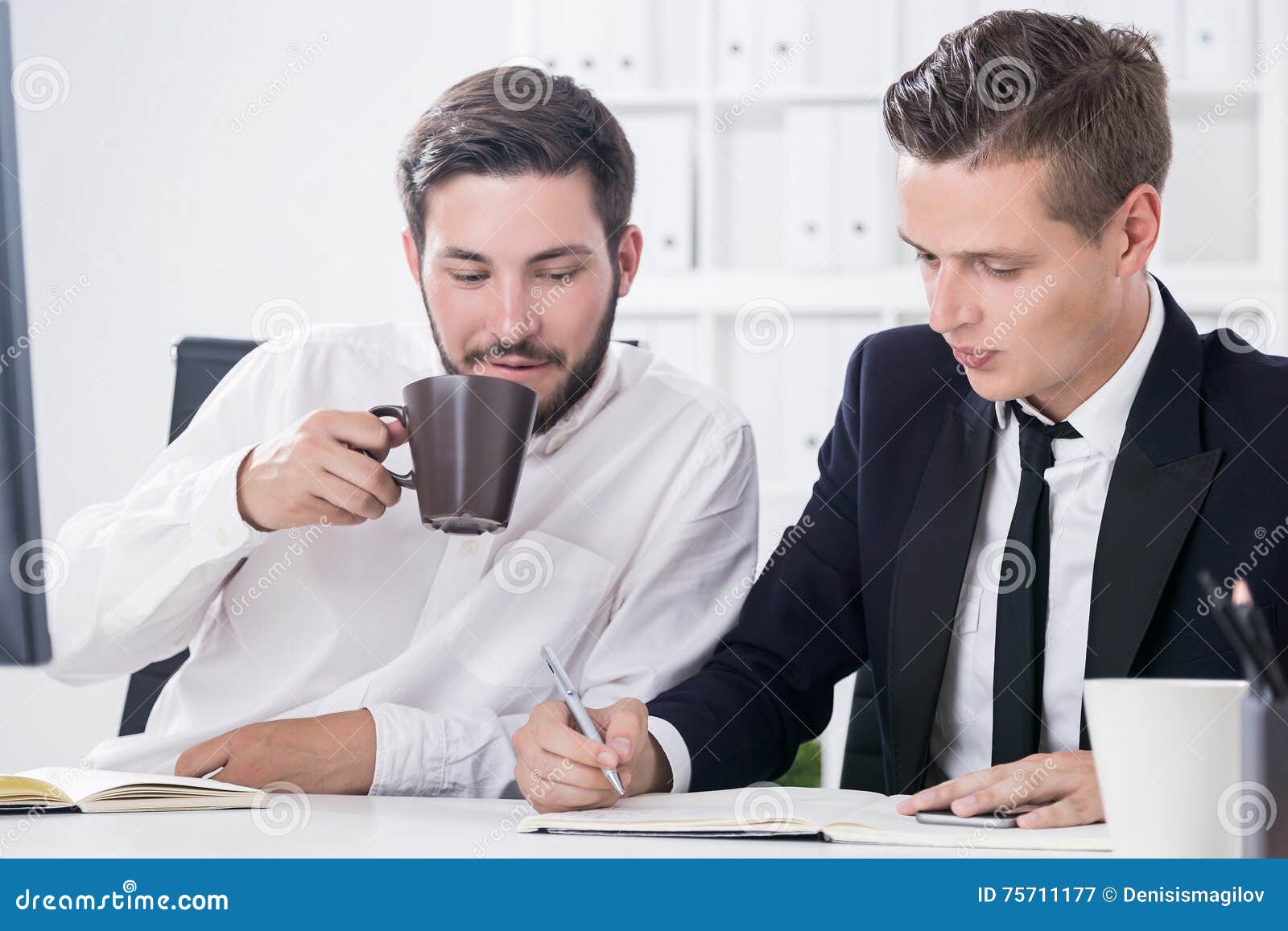 Two Colleagues with Coffee in Office Stock Image - Image of desk ...