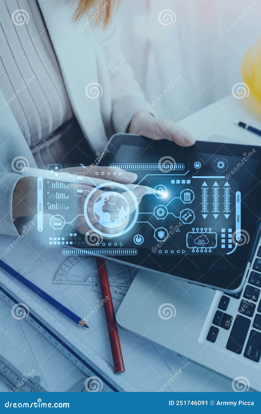 Two Colleagues Discussing Data Working and Tablet, Laptop with on on ...