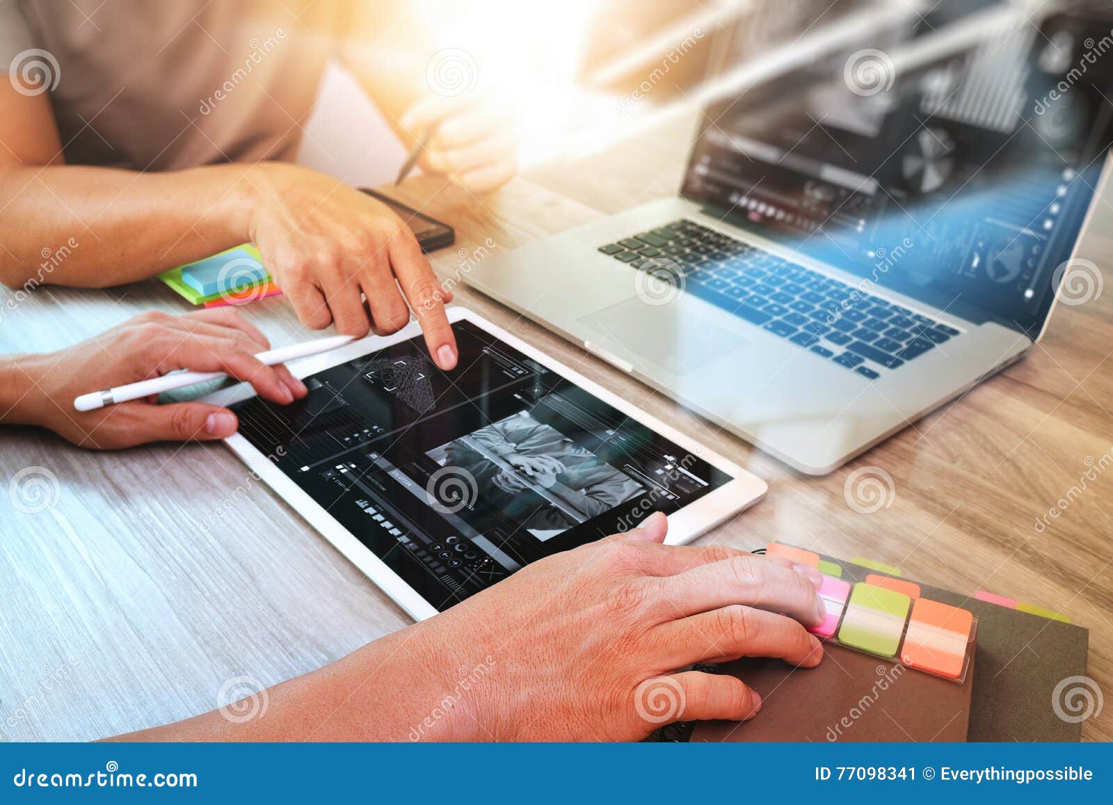 Two Colleagues Interior Designer Discussing Data and Digital Tab Stock ...