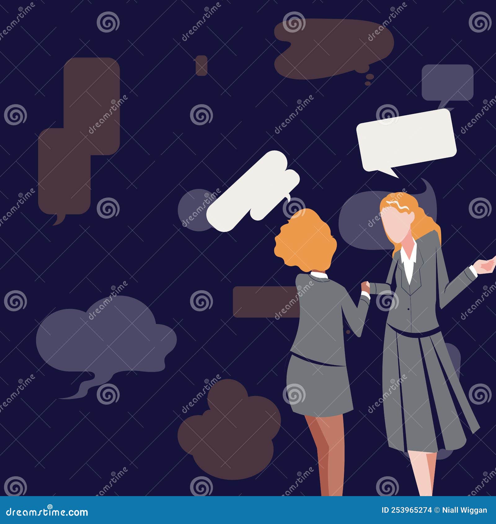 Two Colleagues Standing Sharing Thoughts Together with Speech Bubbles ...