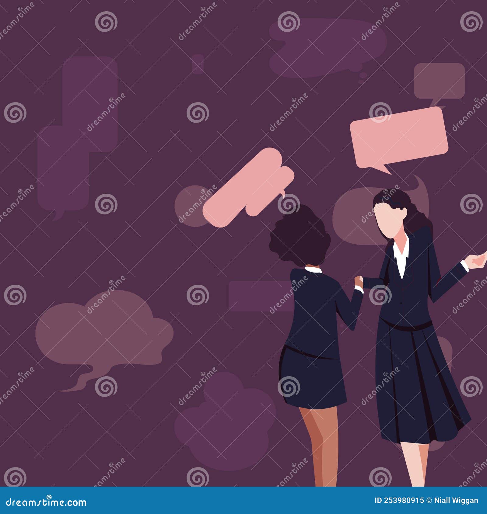 Two Colleagues Standing Sharing Thoughts Together with Speech Bubbles ...